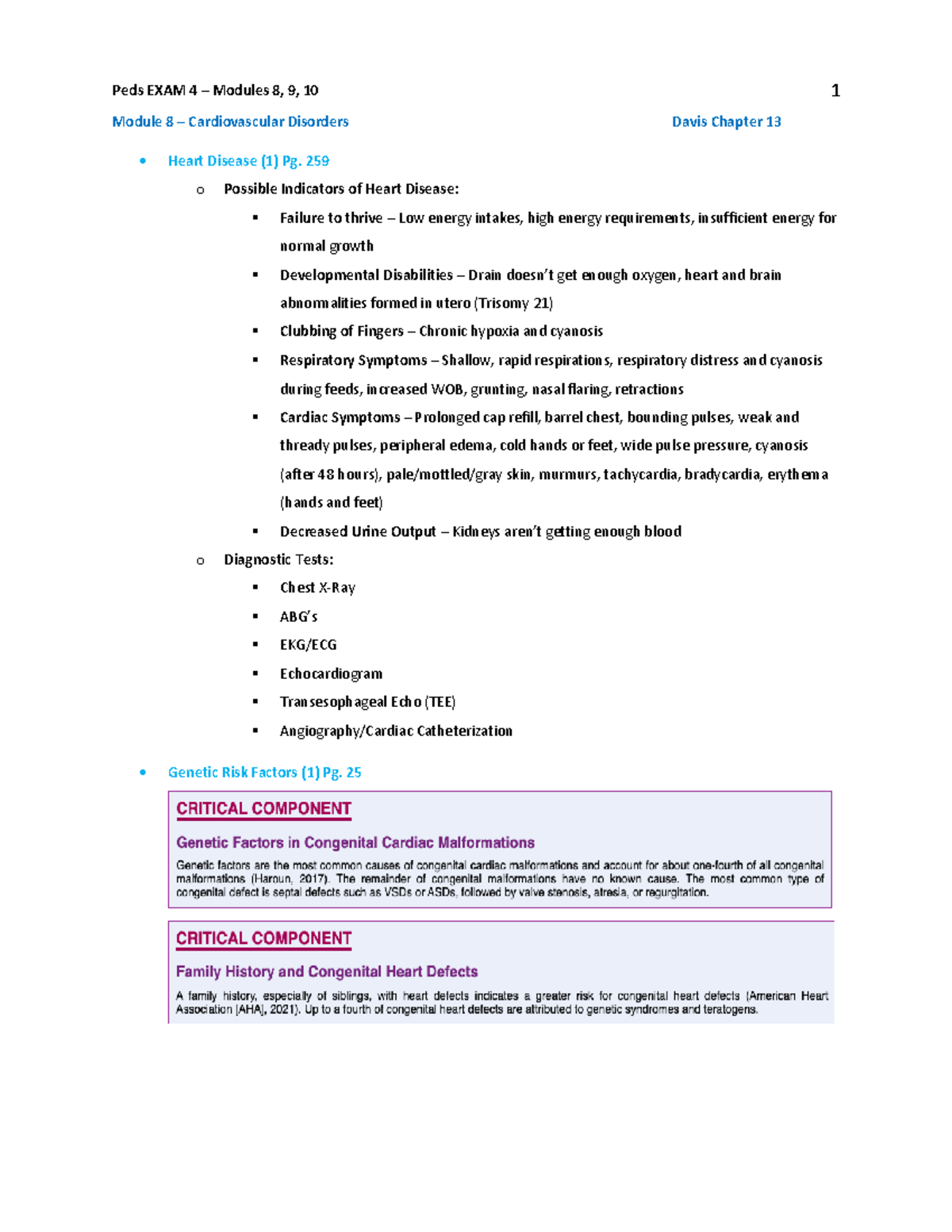 Exam 4 PEDS SG - Study guide - Module 8 – Cardiovascular Disorders ...