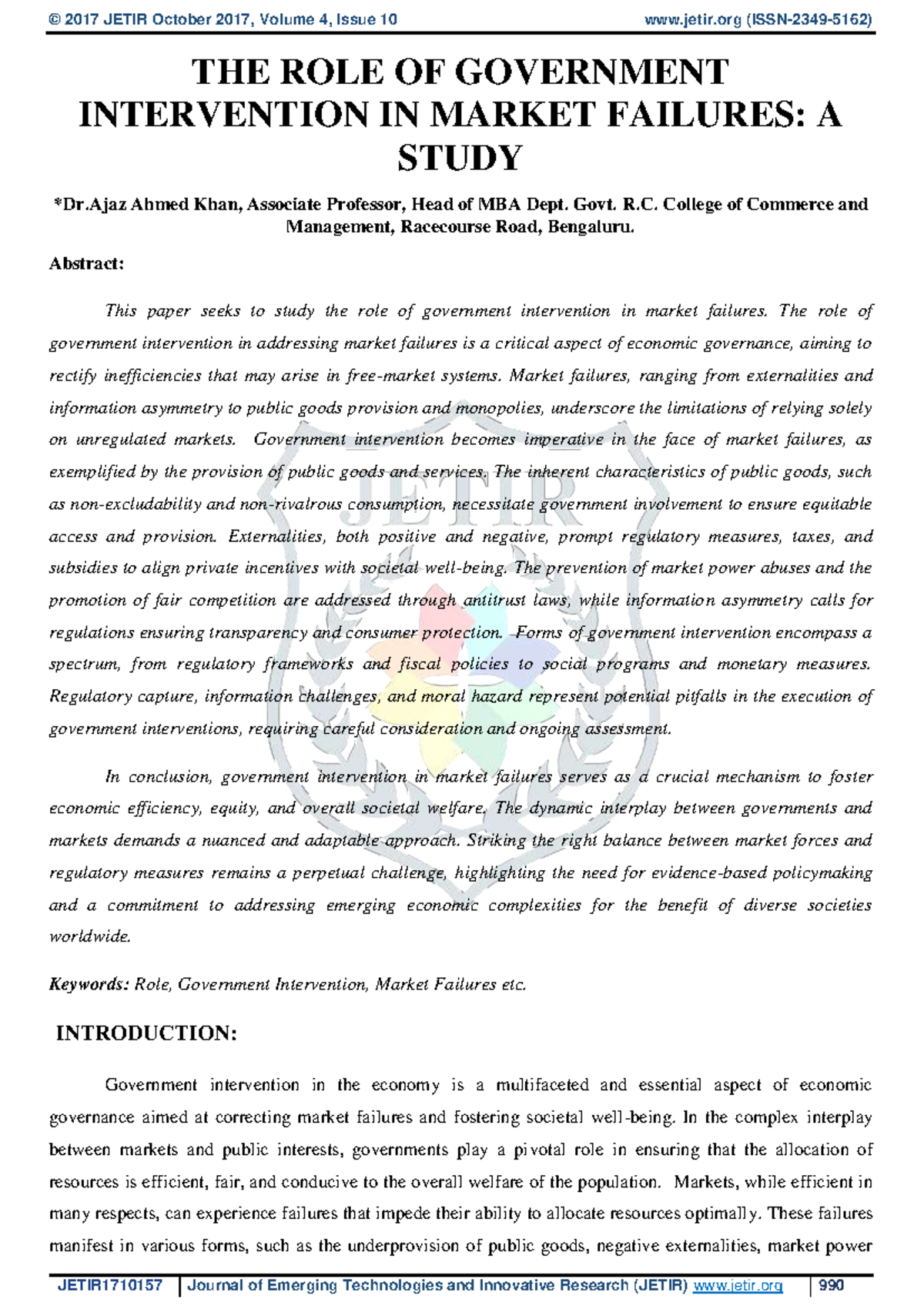 Role of govt intervention in market failures - THE ROLE OF GOVERNMENT ...
