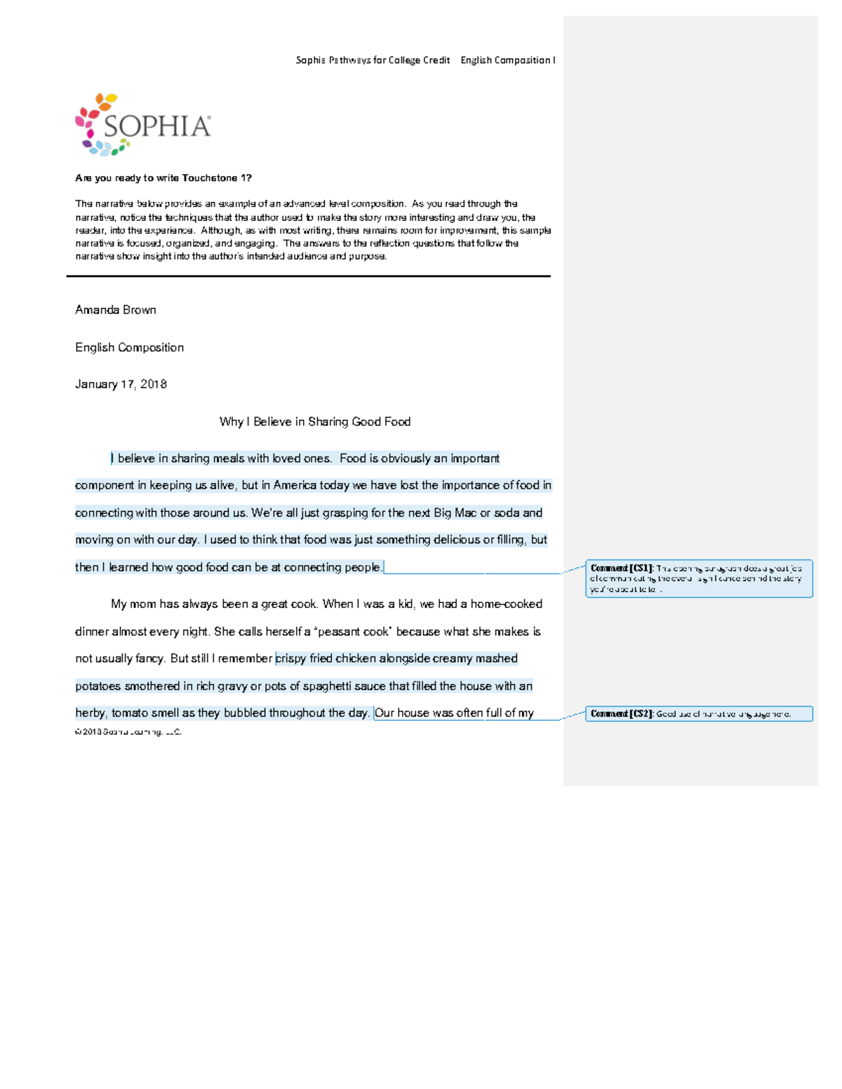 Touchstone 1 Sample Narrative Essay - Eng 122 - SNHU - Studocu