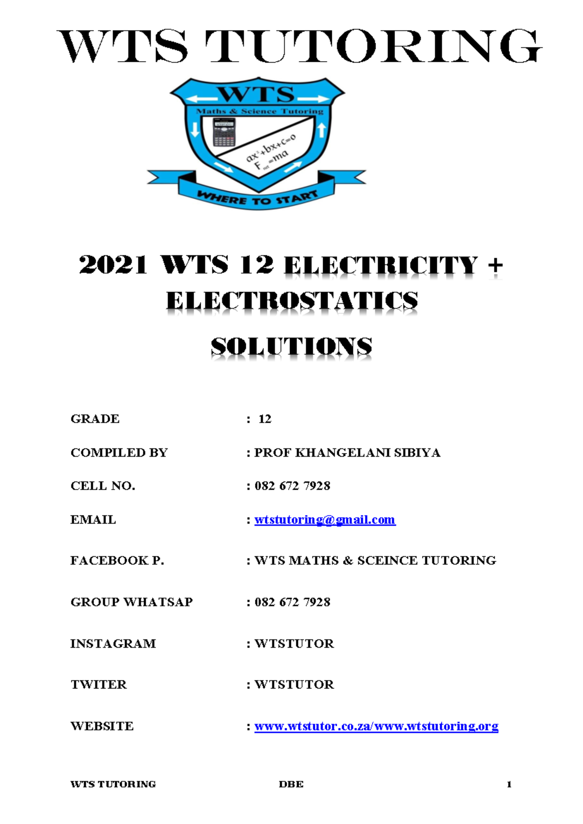 2021 WTS 12 Electricity + Electrostatics Solutions - 2021 WTS 12 ELECTRICITY + ELECTROSTATICS ...