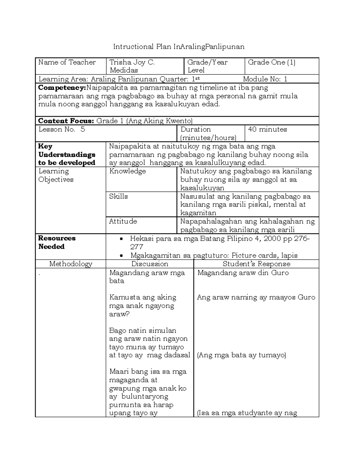 AP- Grade 1 (Ang Aking Kwento) - Intructional Plan InAralingPanlipunan ...