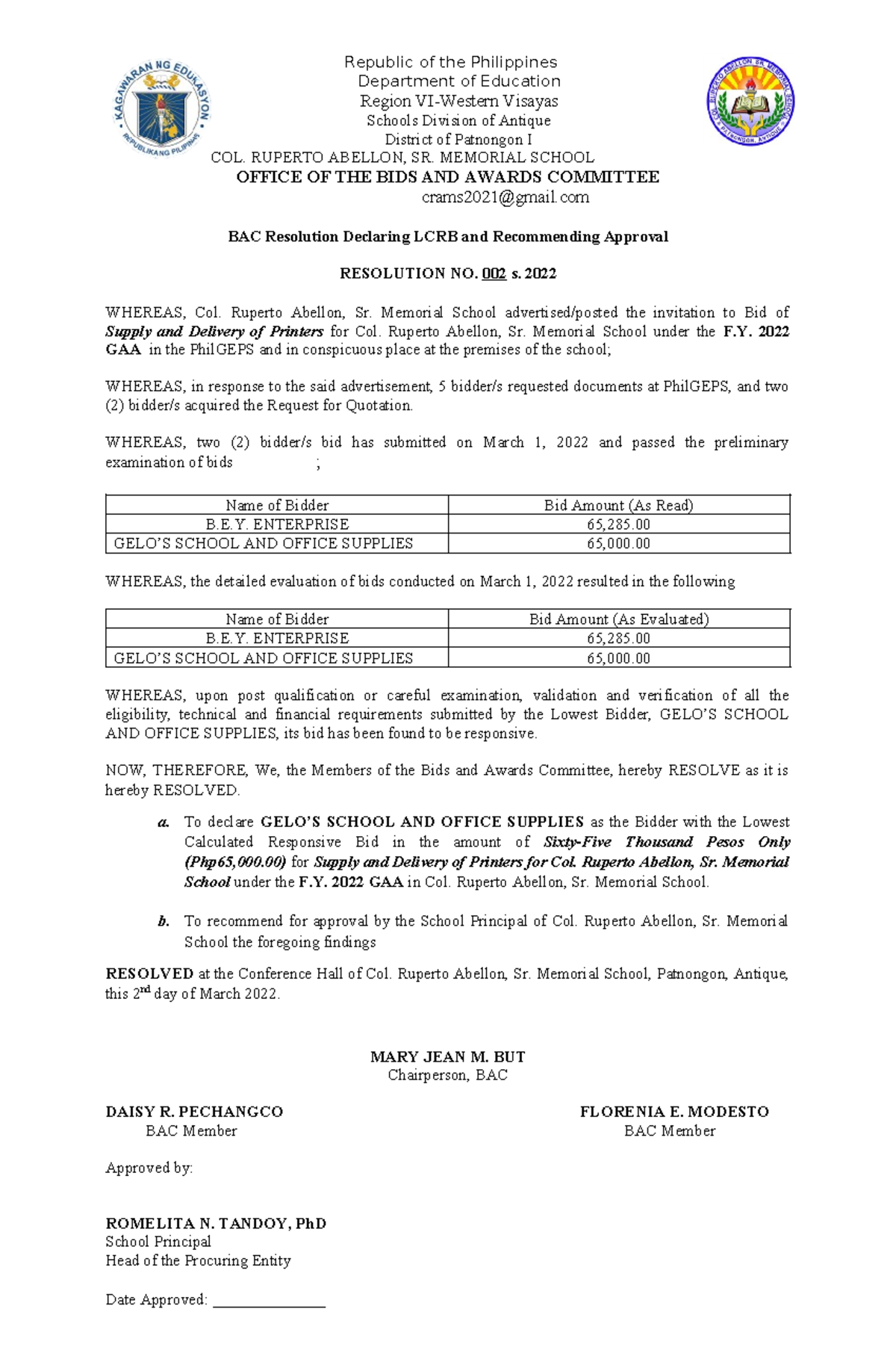 BAC Resolution 002 - useful - Republic of the Philippines Department of ...