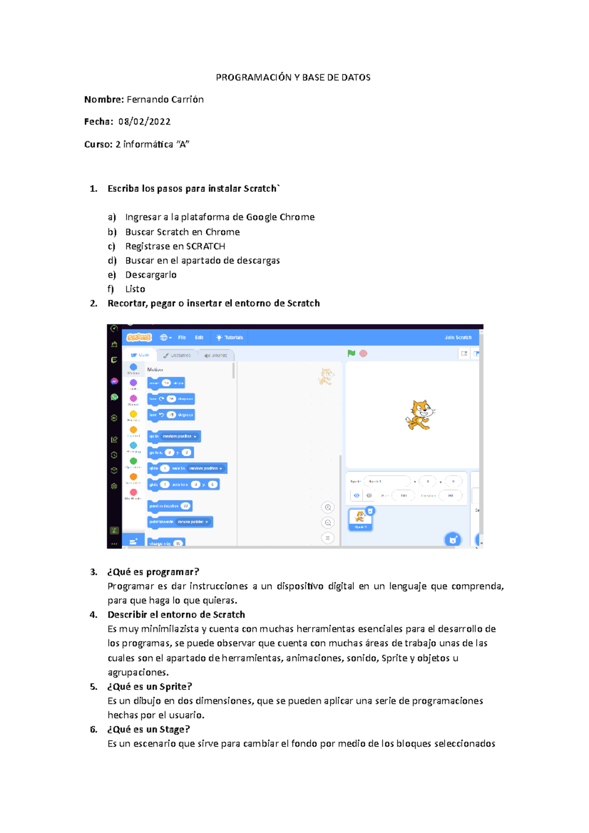 Programacion y base de datos - PROGRAMACIÓN Y BASE DE DATOS Nombre ...