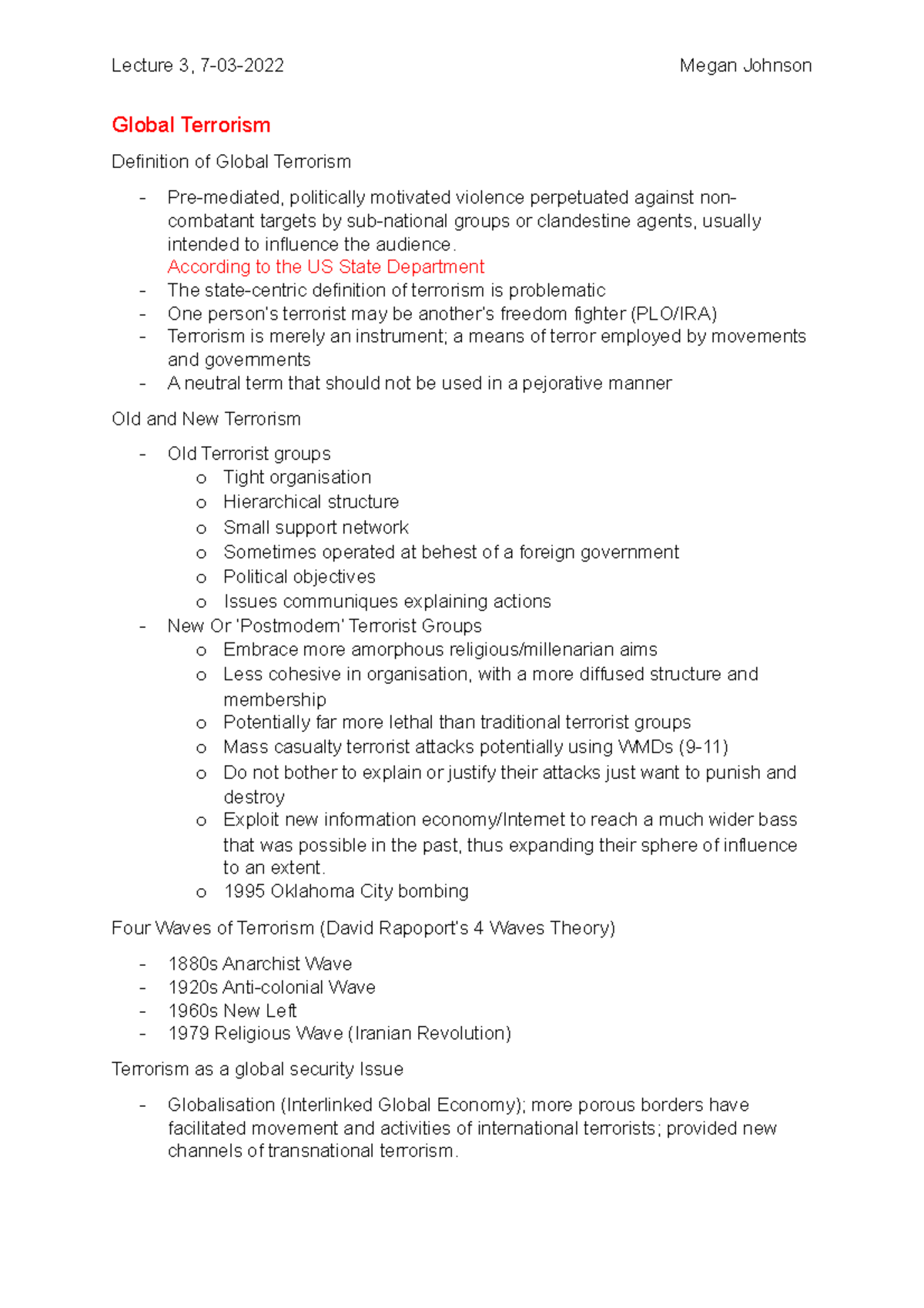 Lecture 3 - Global Terrorism Definition of Global Terrorism Pre ...