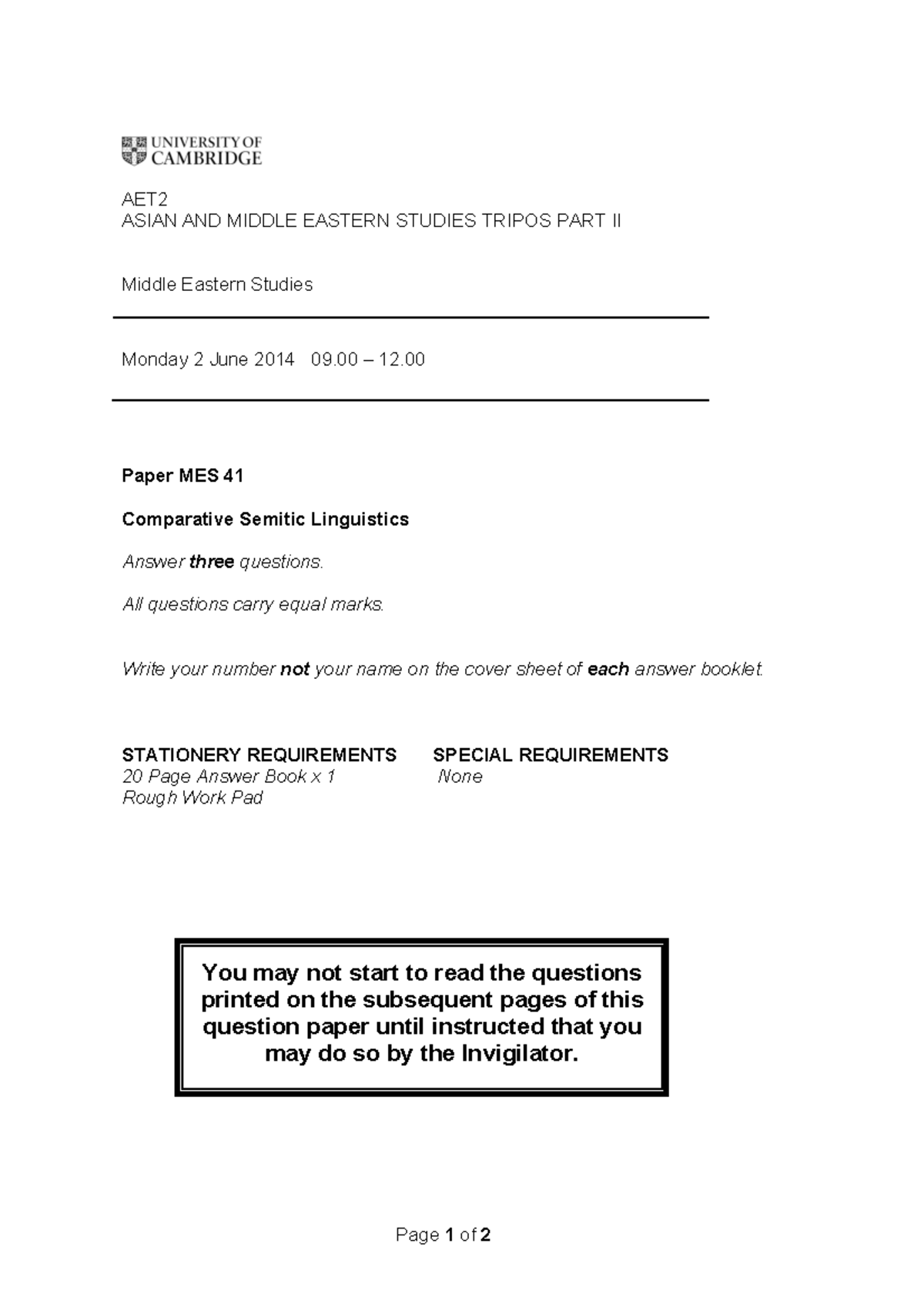 Exam 2014, questions - AET2 ASIAN AND MIDDLE EASTERN STUDIES TRIPOS ...