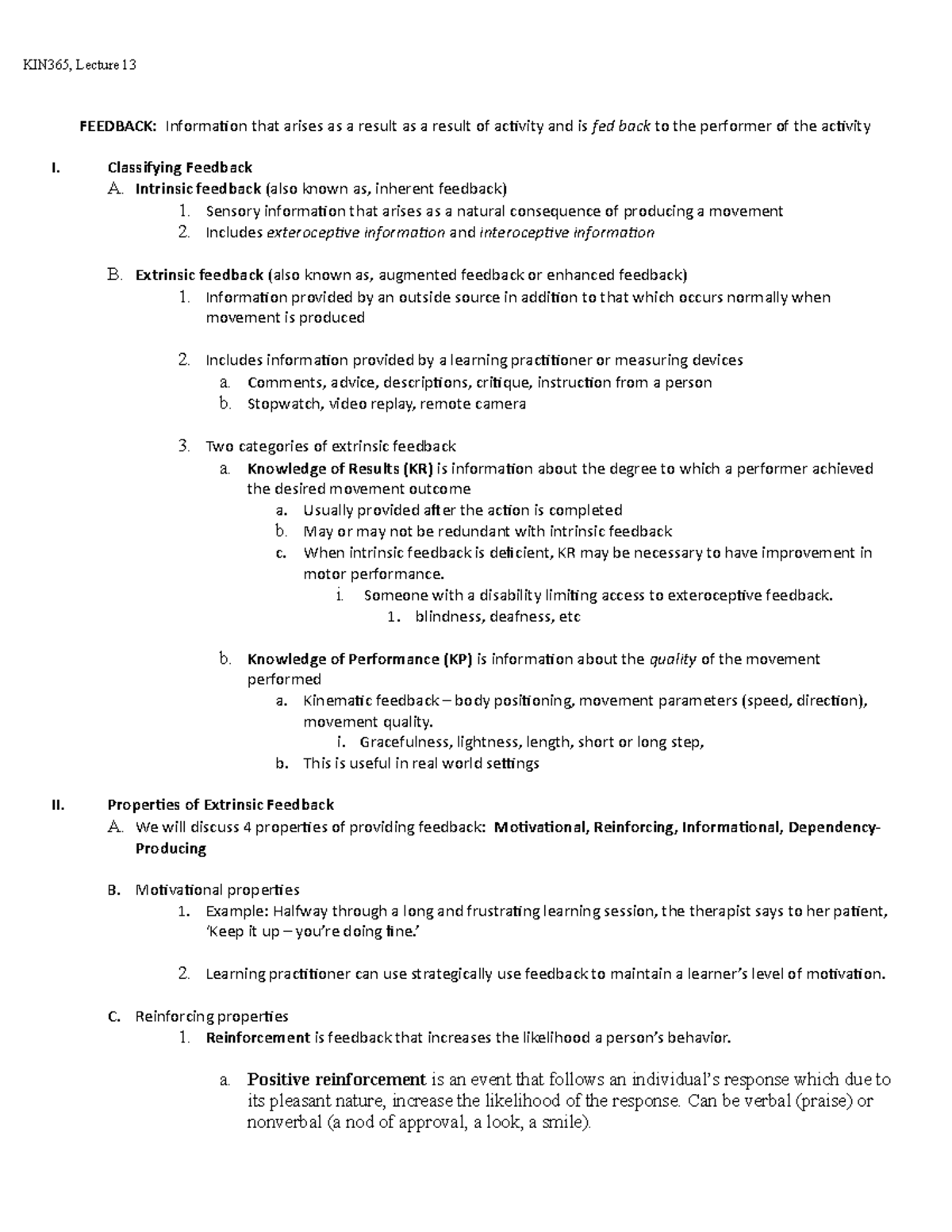 Outline 11 - Modifying Learning (Feedback) - FEEDBACK: Information that ...