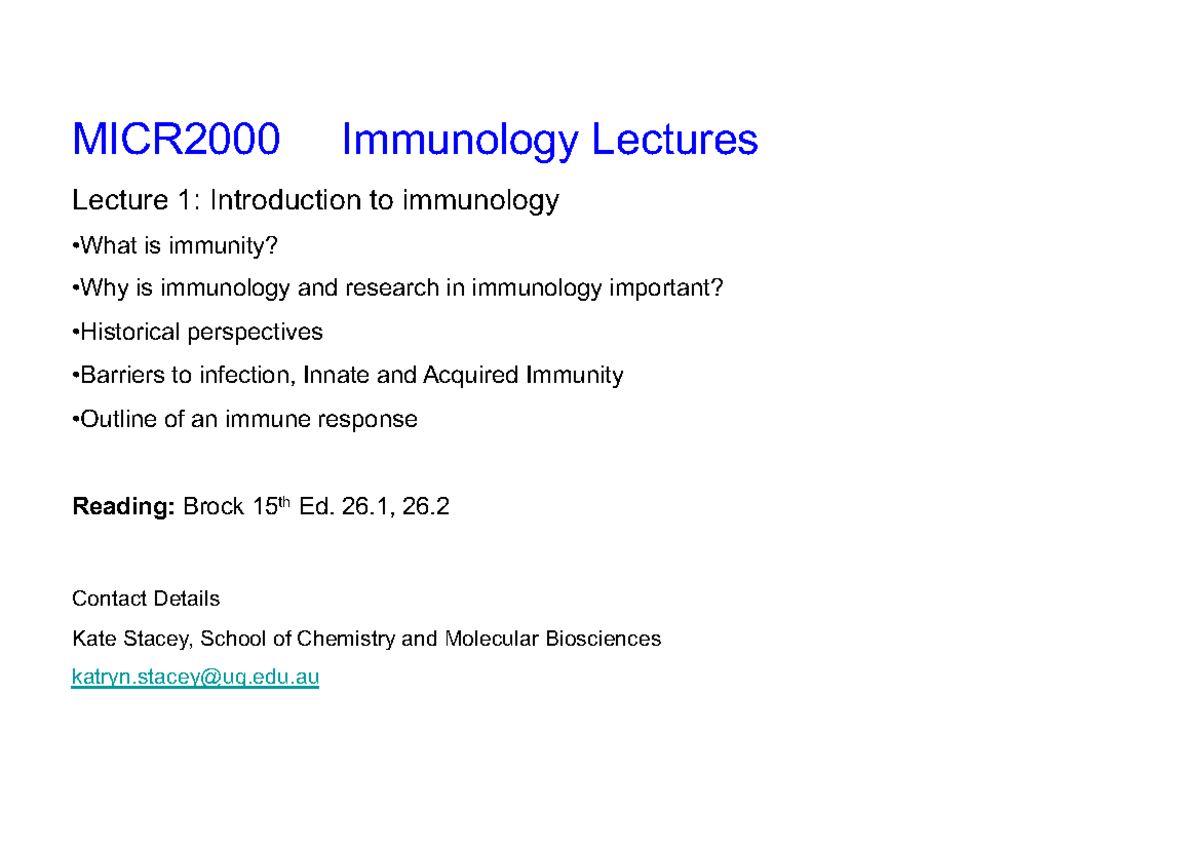 Immunology lecture 1 -1 slide per page - MICR2000 Immunology Lectures Lecture 1: Introduction to ...