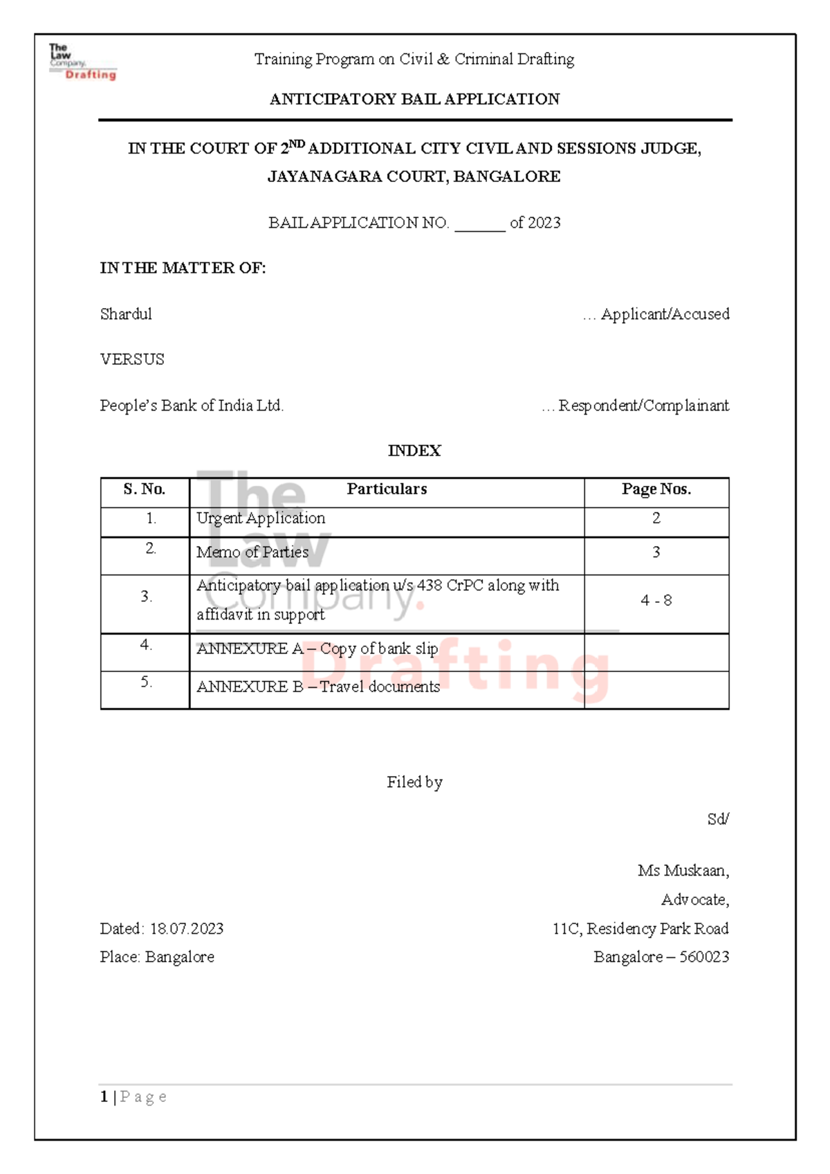 Anticipatory Bail Template - ANTICIPATORY BAIL APPLICATION IN THE COURT ...