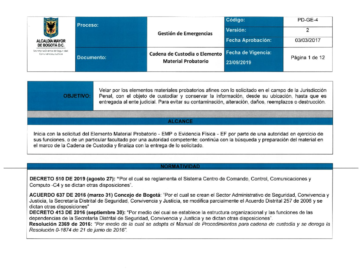 Cadena de Custodia o Elemento Material Probatorio PD-GE-4 - derecho ...