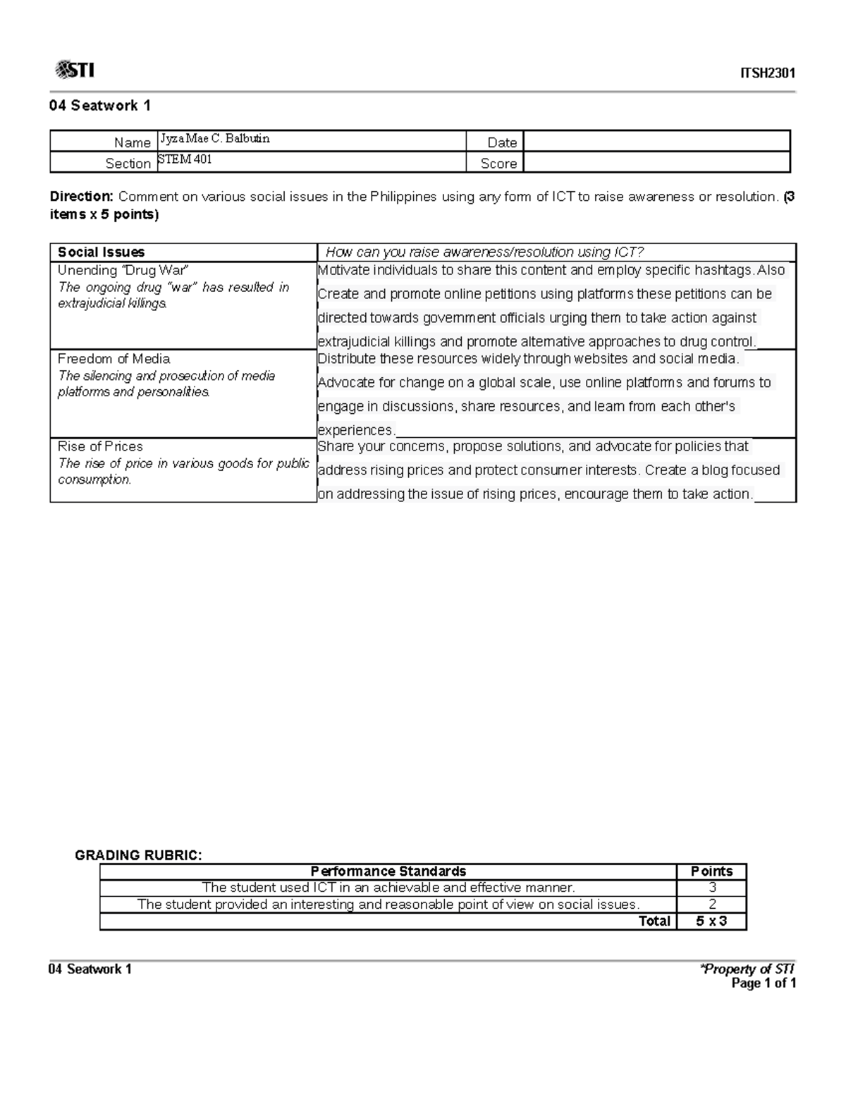 04 Seatwork 1 - hhiii - 04 Seatwork 1 ITSH Name Jyza Mae C. Balbutin ...