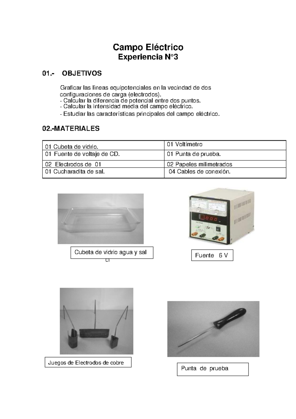 A03 Manual Exp Ey M N°03 - PDF COMPLEMENTARIO - Campo Eléctrico Experiencia N° 01.- OBJETIVOS ...