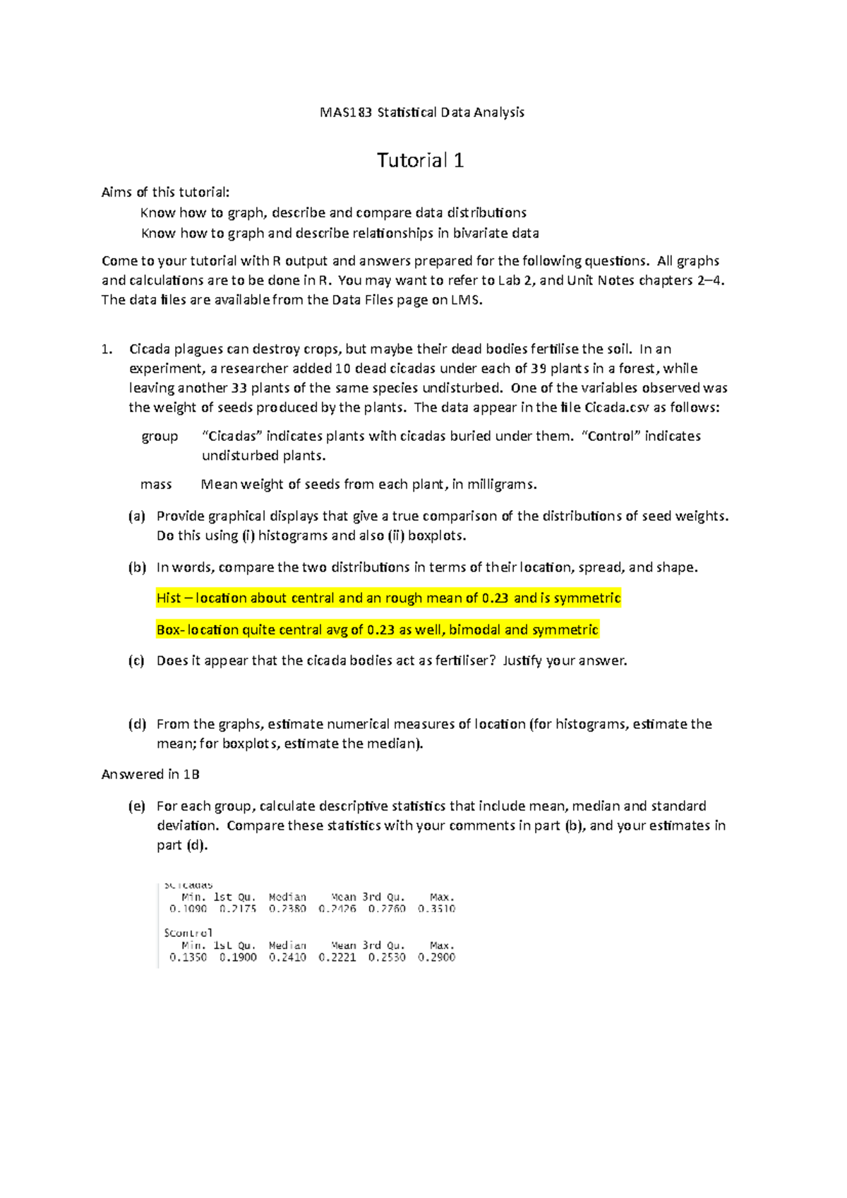 Tut 1 Sem2 Tute 2 Mas183 Statistical Data Analysis Tutorial 1 Aims Of This Tutorial Know 4262