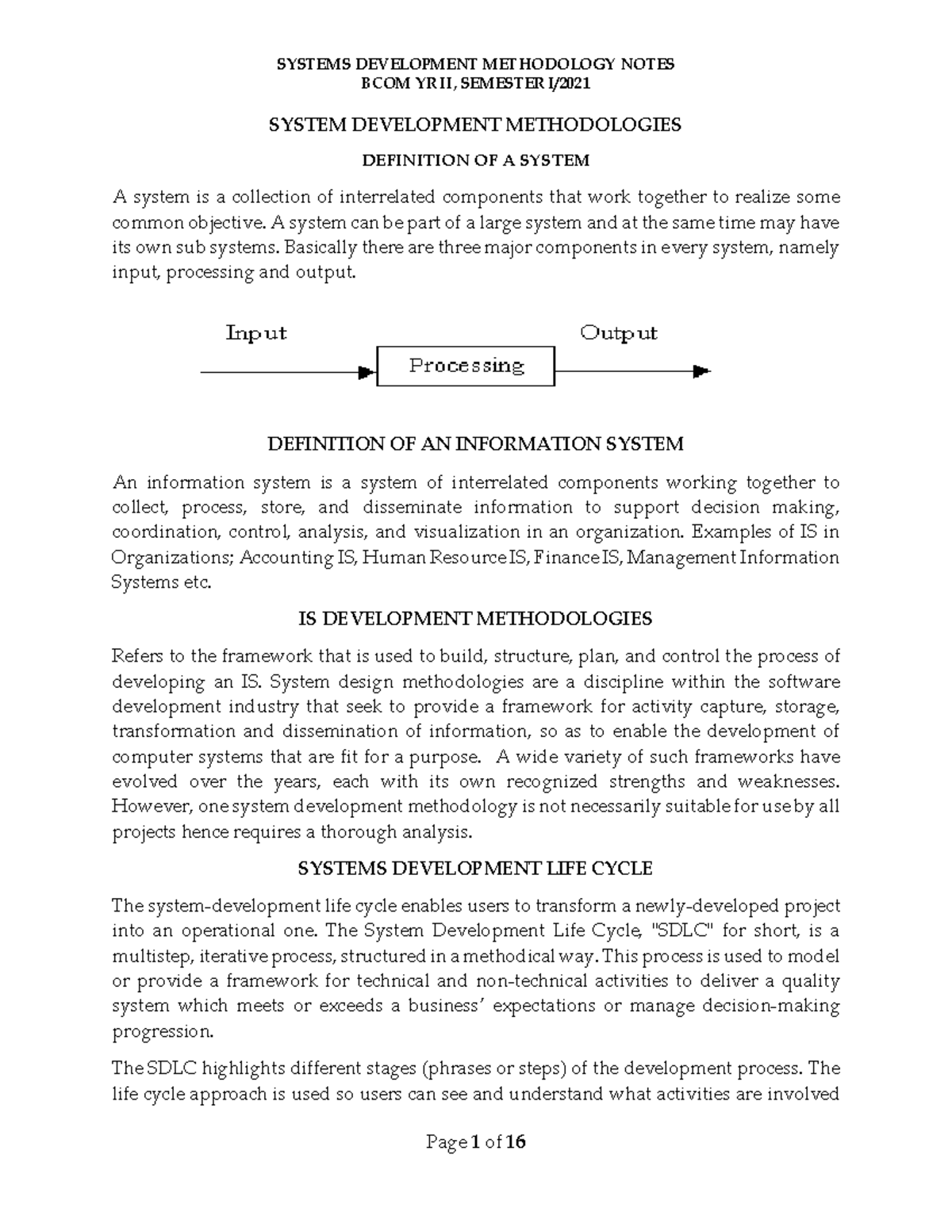 Systems Development Methodology Notes - BCOM YR II, SEMESTER I/ SYSTEM ...