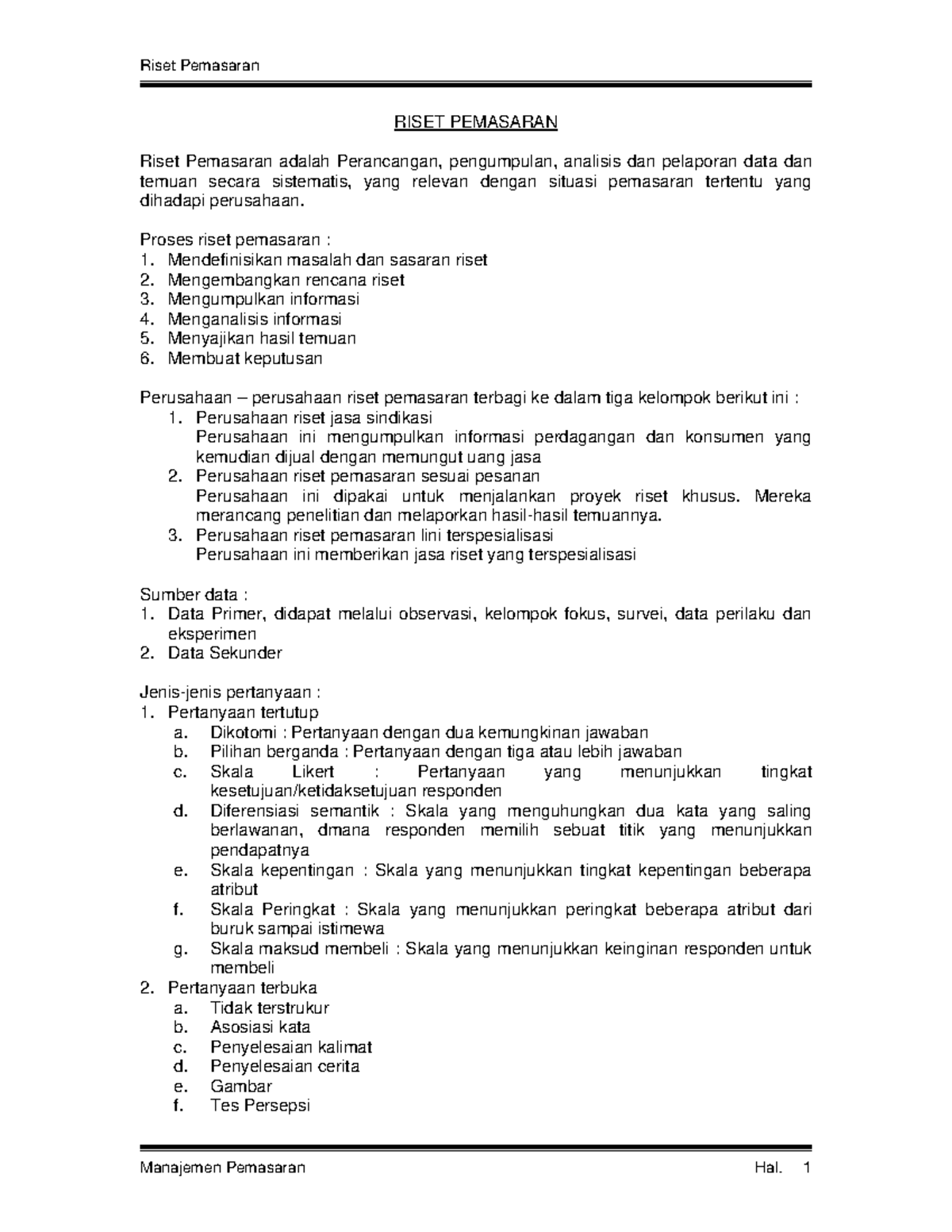Riset Pemasaran - Riset Pemasaran Manajemen Pemasaran Hal. 1 RISET PEMASARAN Riset Pemasaran ...