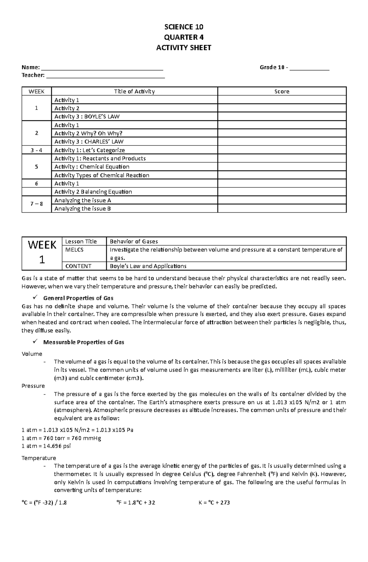Q4-Activity-Sheets - SCIENCE 10 QUARTER 4 ACTIVITY SHEET Name