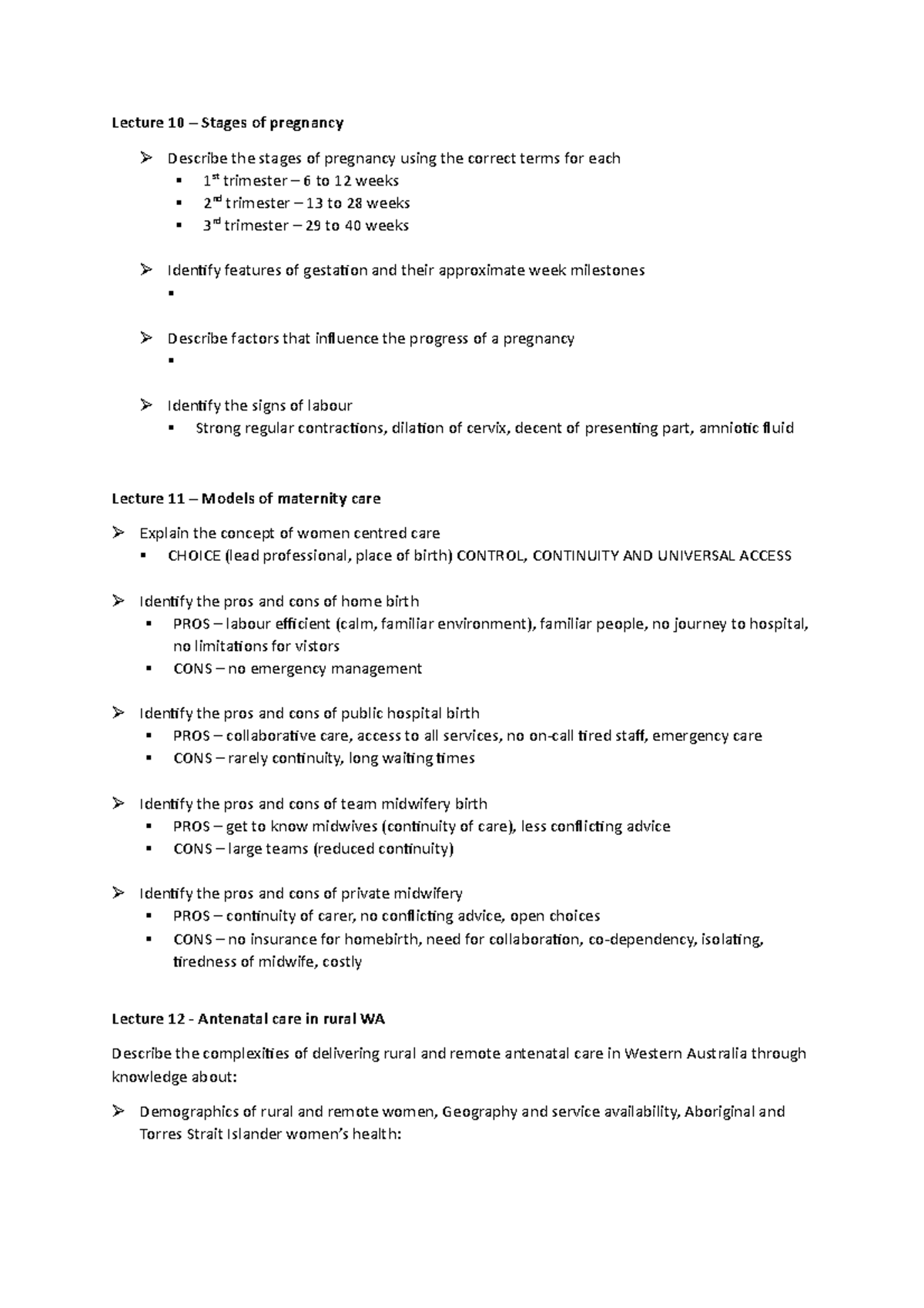 Lecture Test 2 - revision - Lecture 10 – Stages of pregnancy Describe ...
