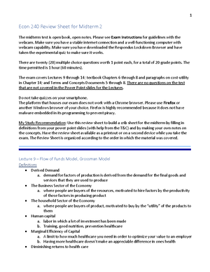 Econ 240 - lecture notes - Econ 240: Review Sheet for Midterm 2: The ...