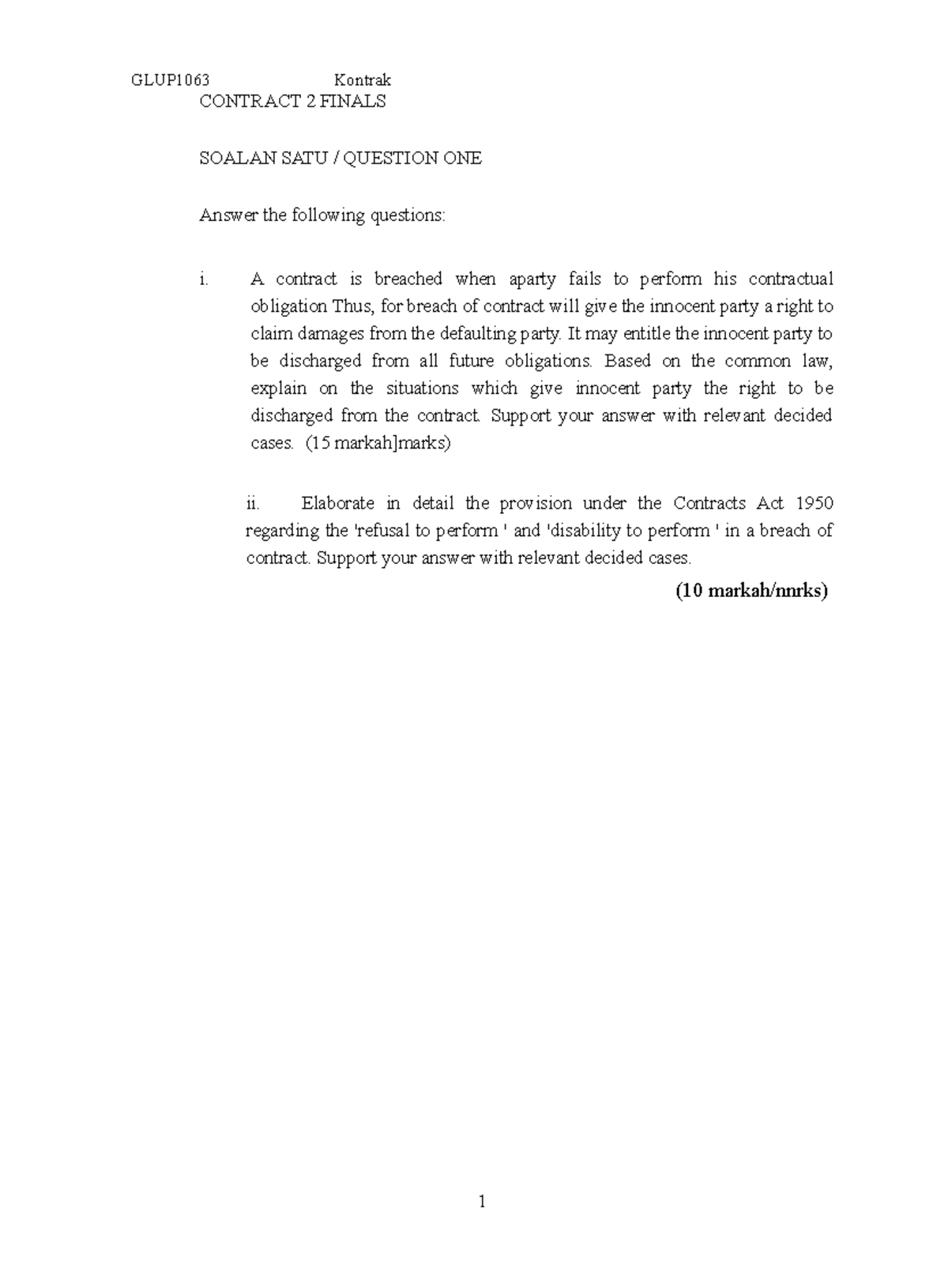 PYQ 2022 Contract LAW II - Contract Law - MMU - Studocu