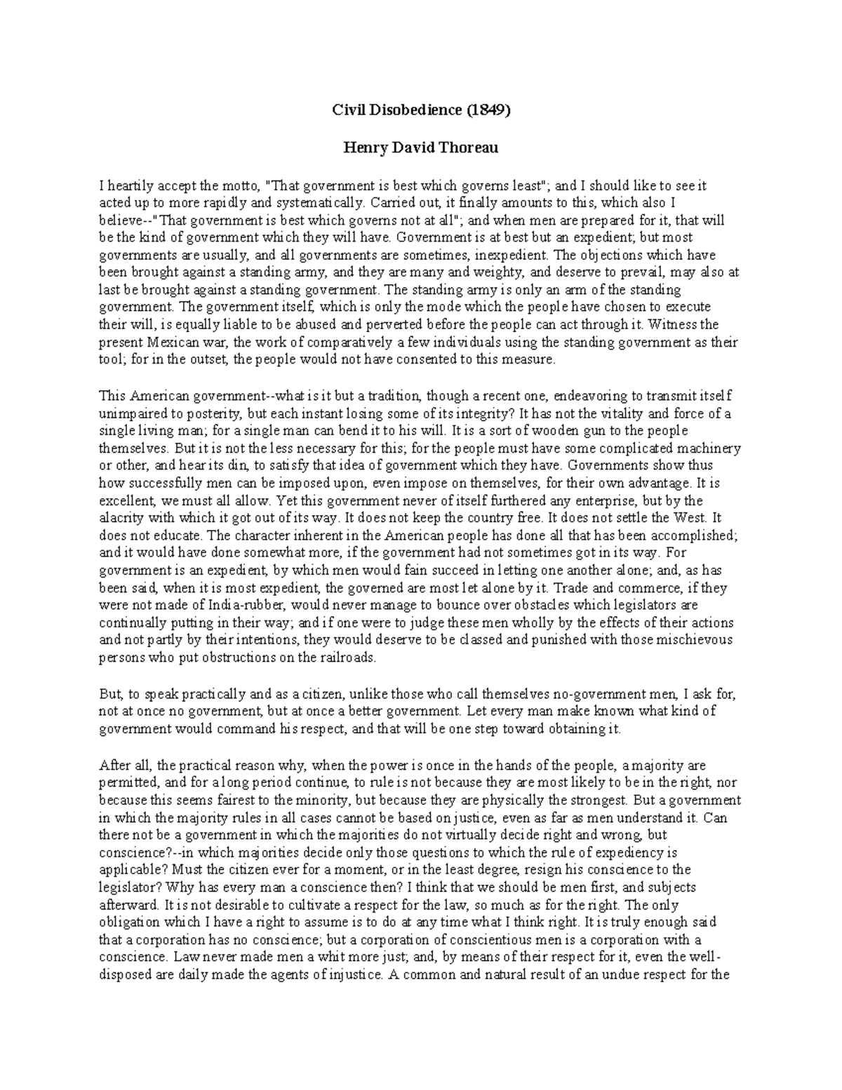 Civil Disobedience - ..... - Civil Disobedience (1849) Henry David ...