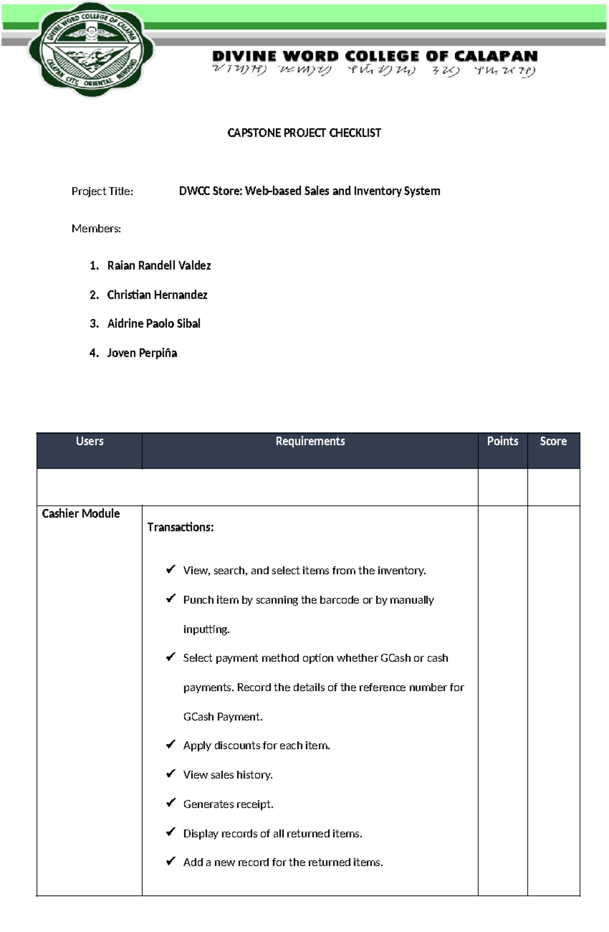 Bookstore Checklist - Thesis - CAPSTONE PROJECT CHECKLIST Project Title ...