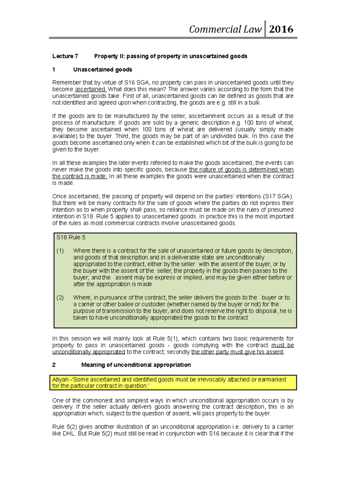 Property Ii Passing Of Property In Unascertained Goods Lecture Notes 6 Lecture 7 Property Ii