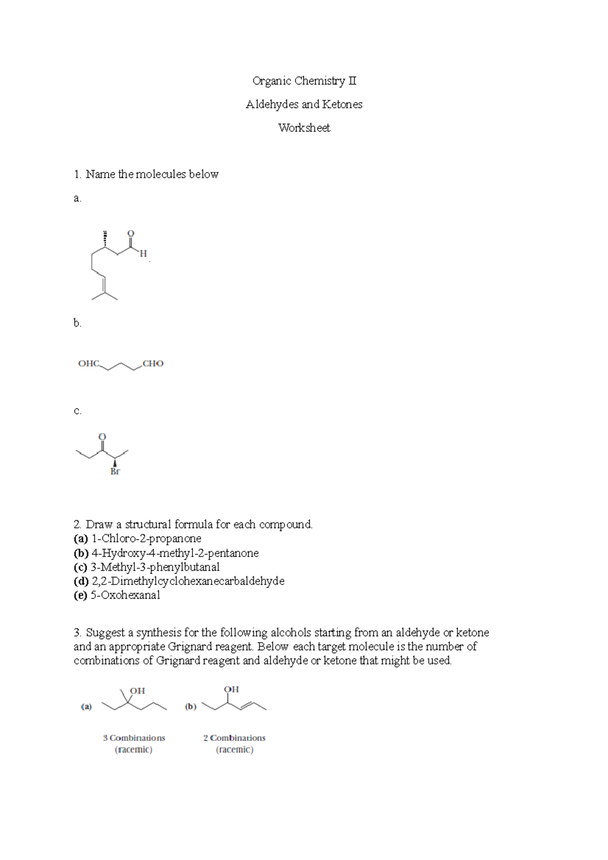 Aldehydes and Ketones Worksheet - Organic Chemistry II Aldehydes and ...