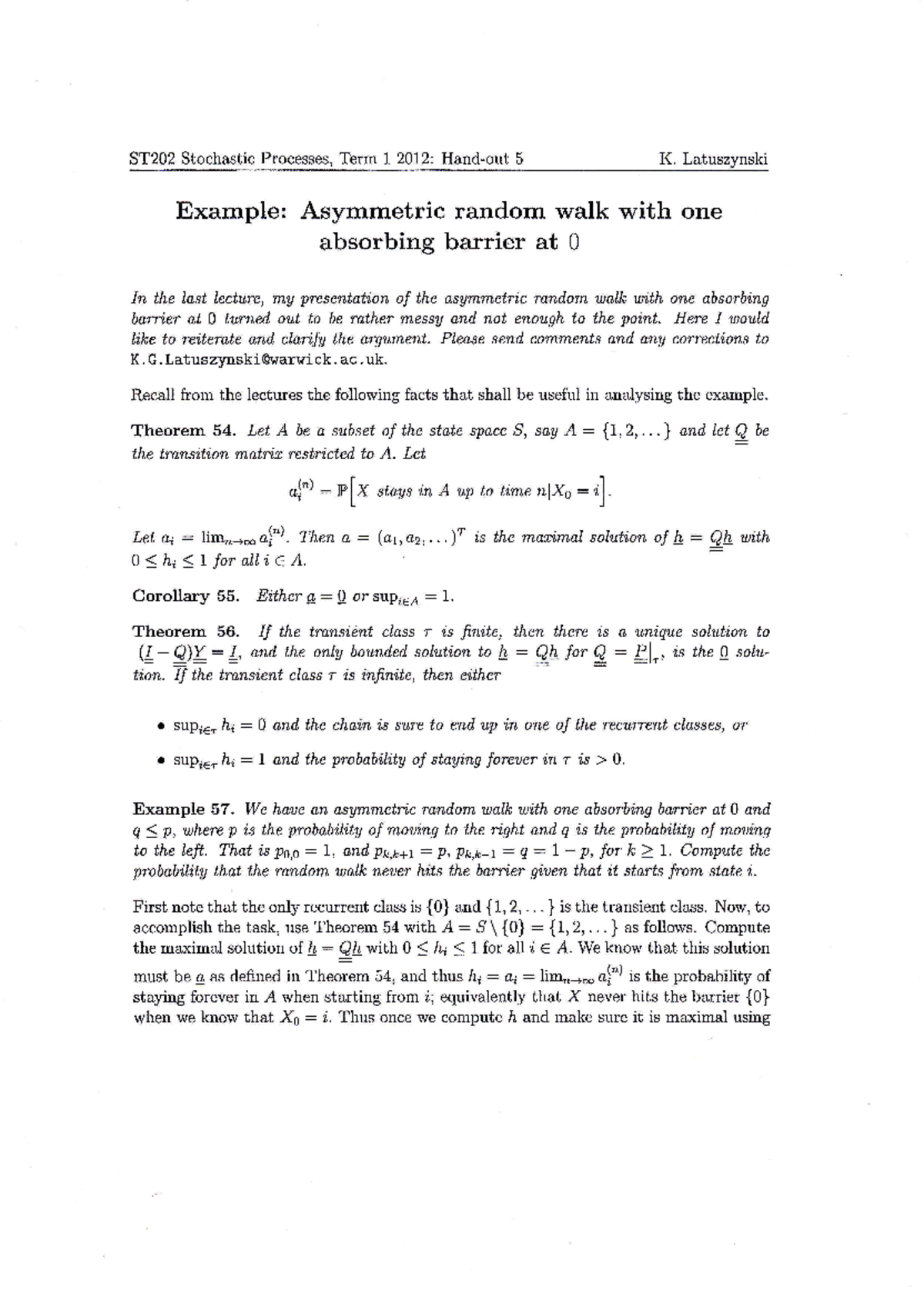 Handout - Asymmetric random walk - K. Latuszynski ST202 Stochastic ...