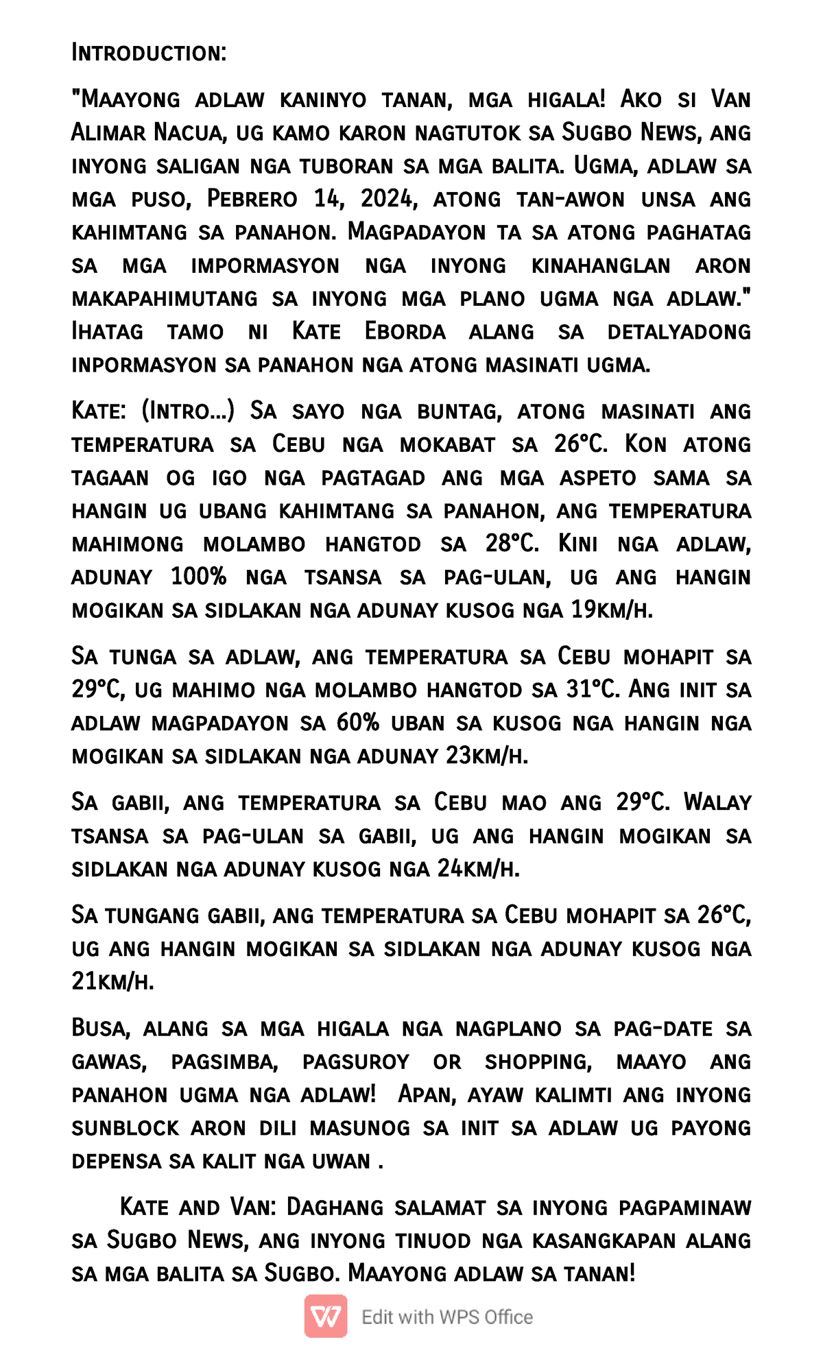 Weather forecast WPS Office - Introduction: "Maayong adlaw kaninyo tanan, mga higala! Ako si ...