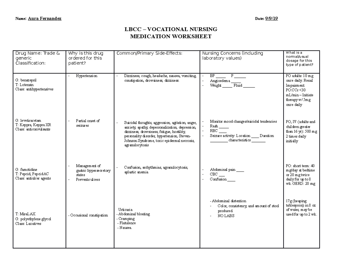 MED Sheet 1 - Name: Aura Fernandez Date: 9/9/ LBCC – VOCATIONAL NURSING ...