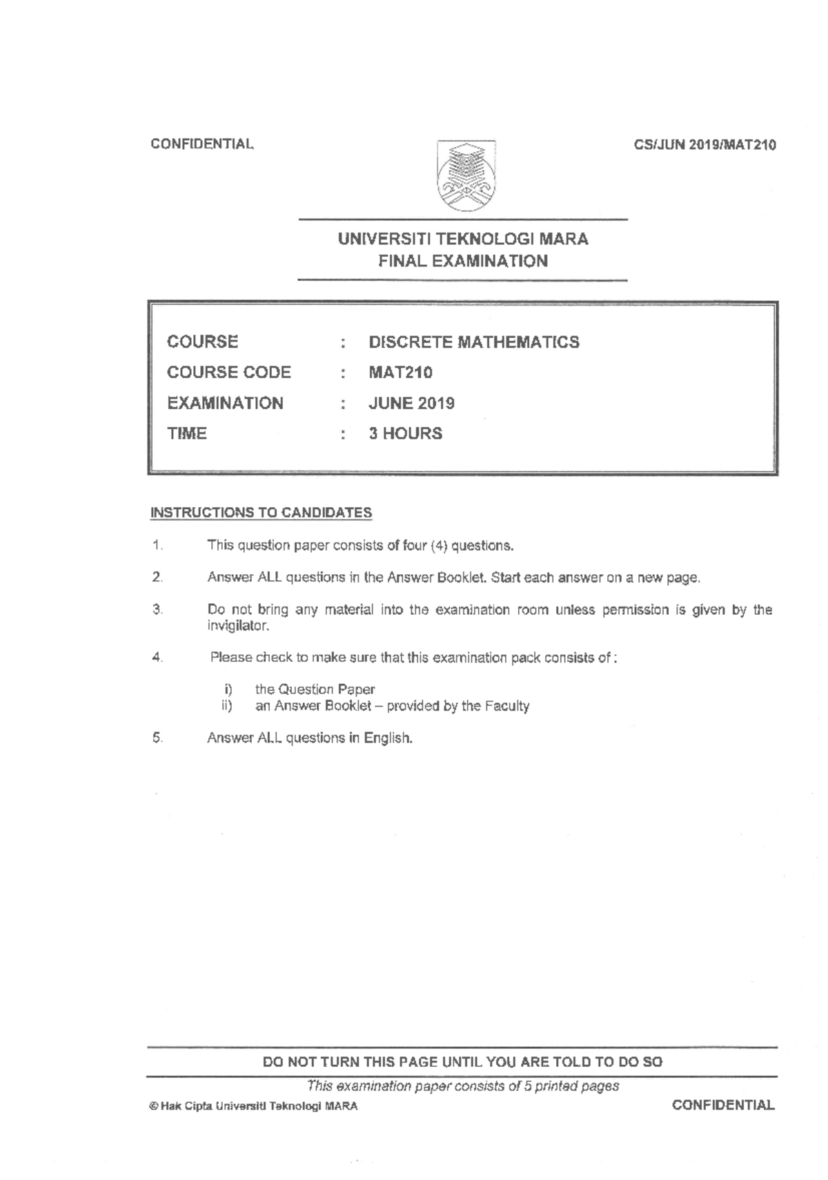 MAT210 June 2019 - Discrete Mathematics - Studocu