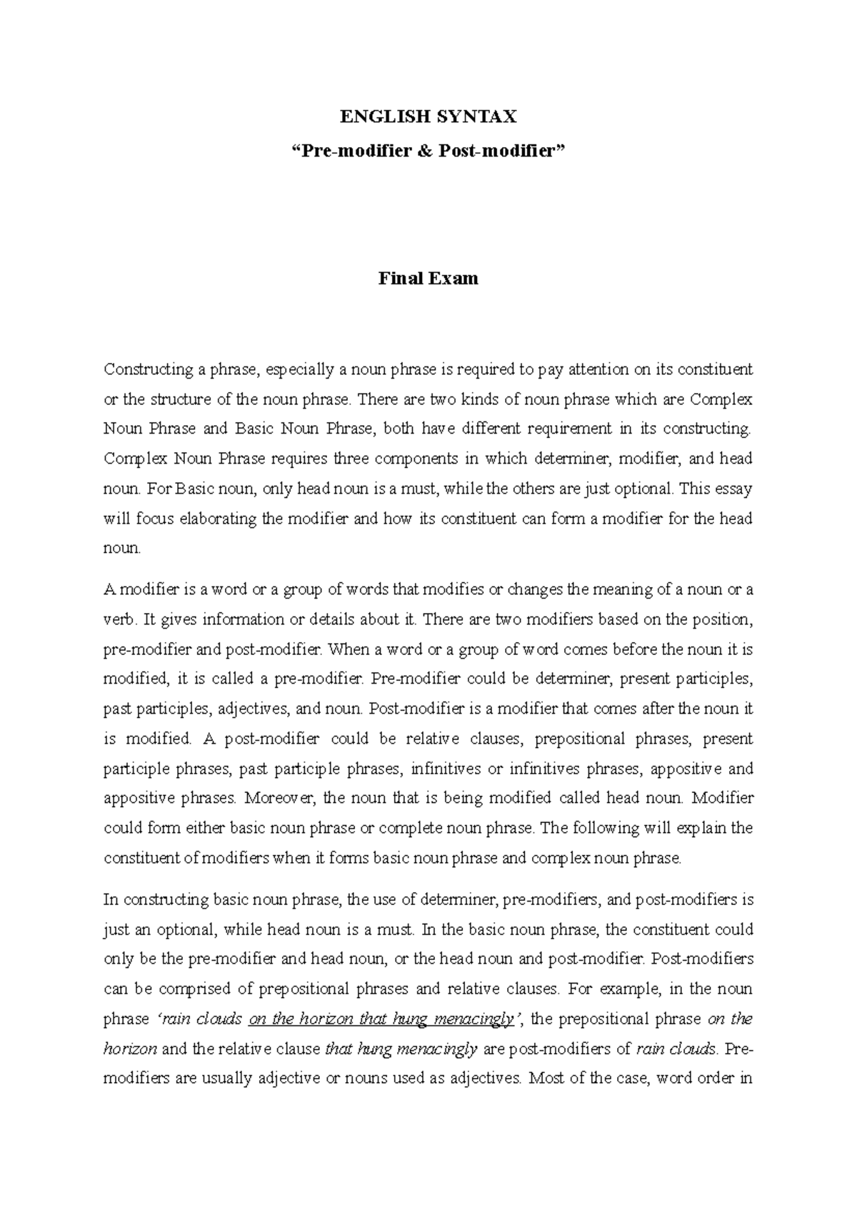 [ Final EXAM] Syntax Final A1+ 2020 - ENGLISH SYNTAX “Pre-modifier ...