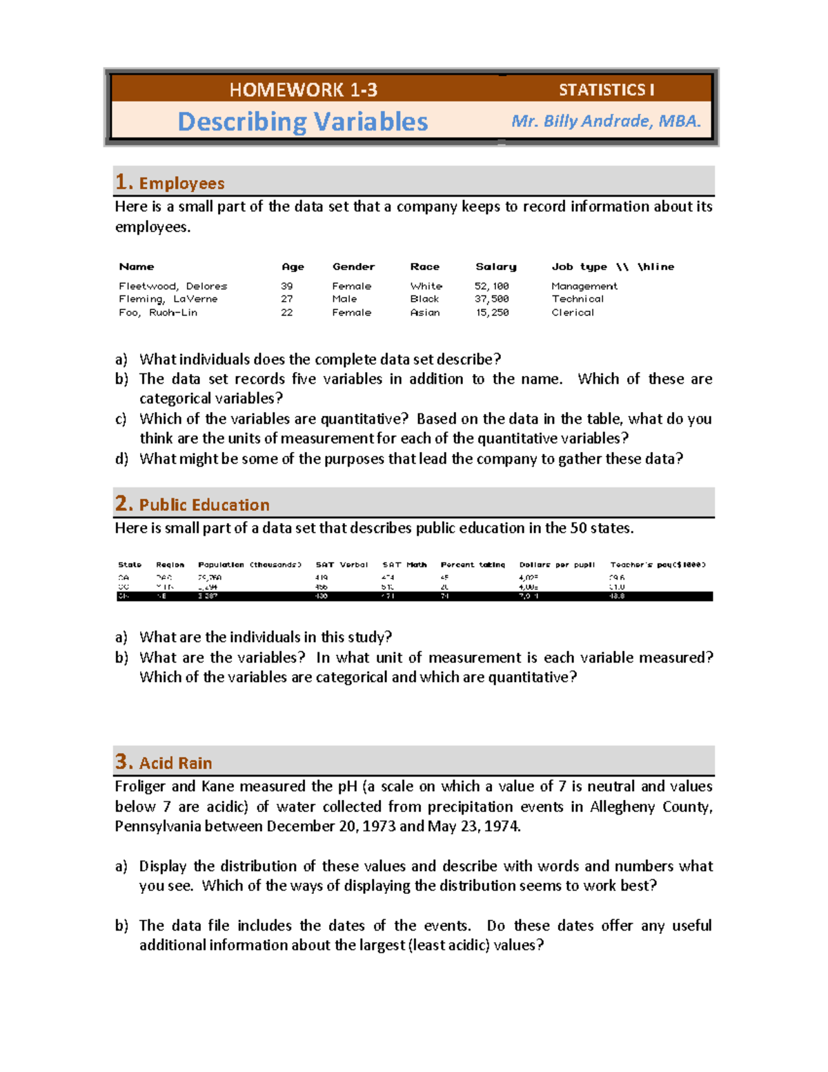 Homework 1-3 Describing variables - HOMEWORK 1- 3 STATISTICS I ...
