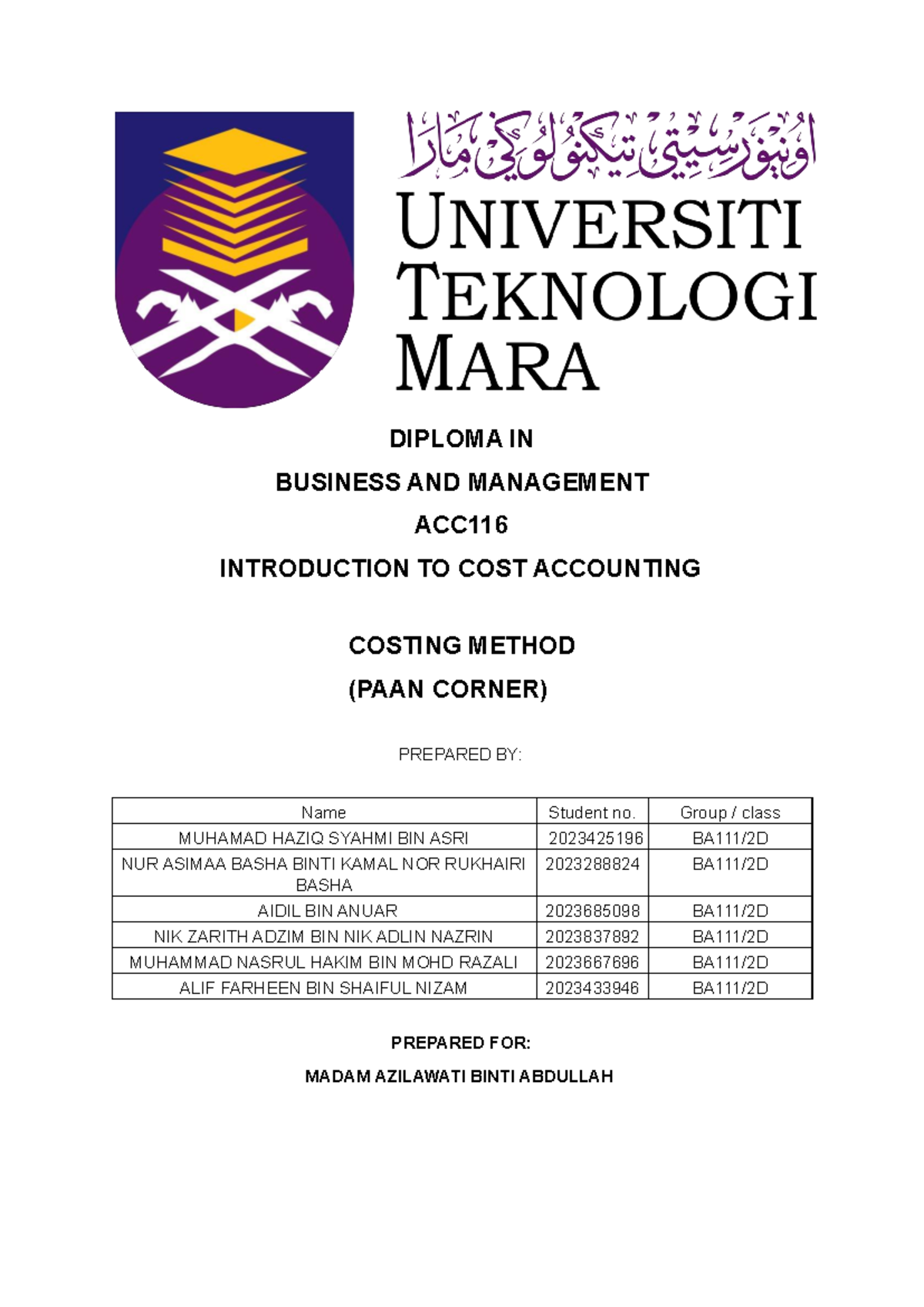 Acc116 assignment report - DIPLOMA IN BUSINESS AND MANAGEMENT ACC ...