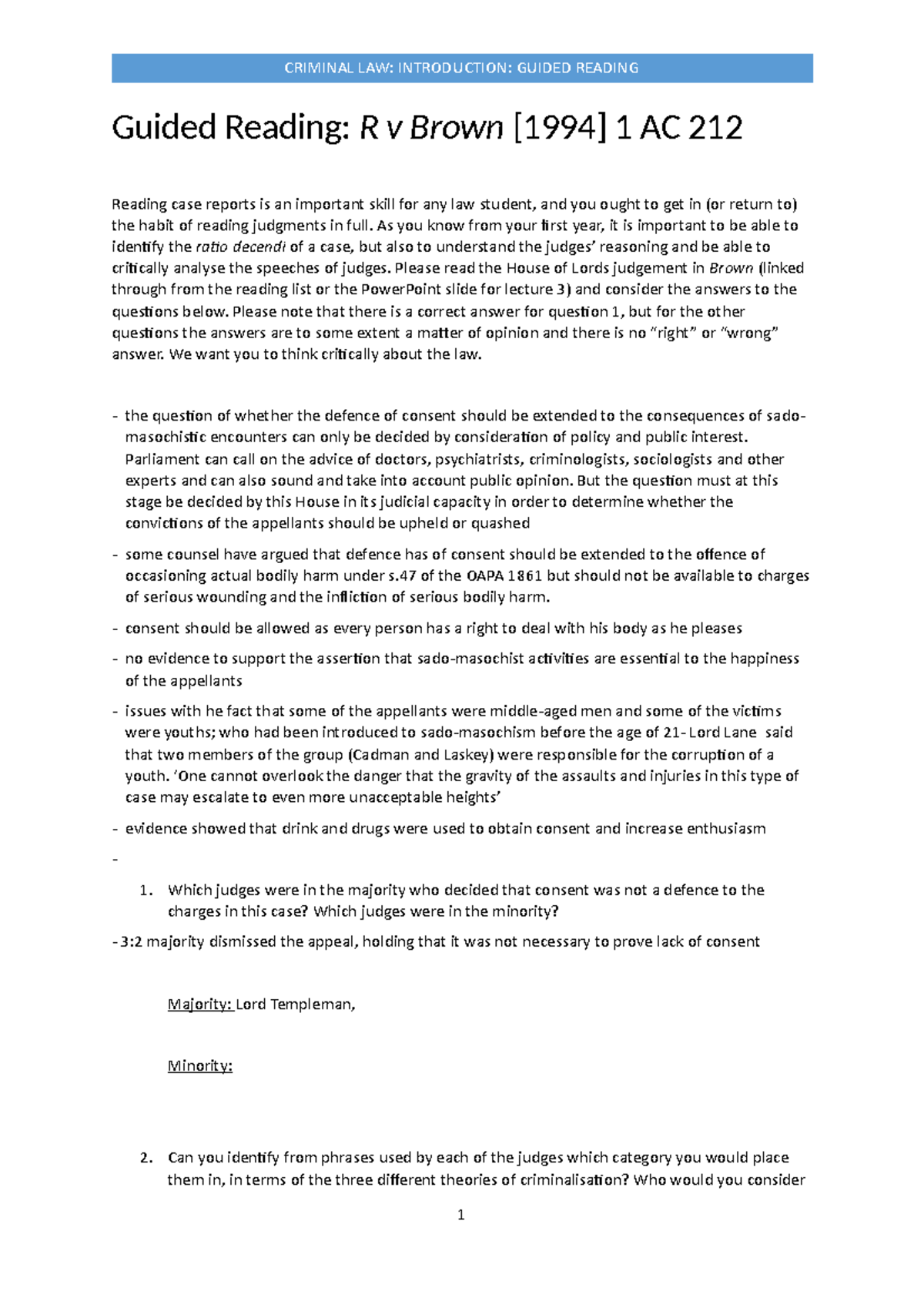 R v Brown Exercise PDF - LW2220 - Leicester - Studocu