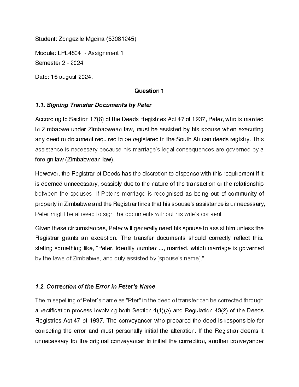 LPL4804- Assignment 1 Final - Student: Zongezile Mgcina (63081245 ...