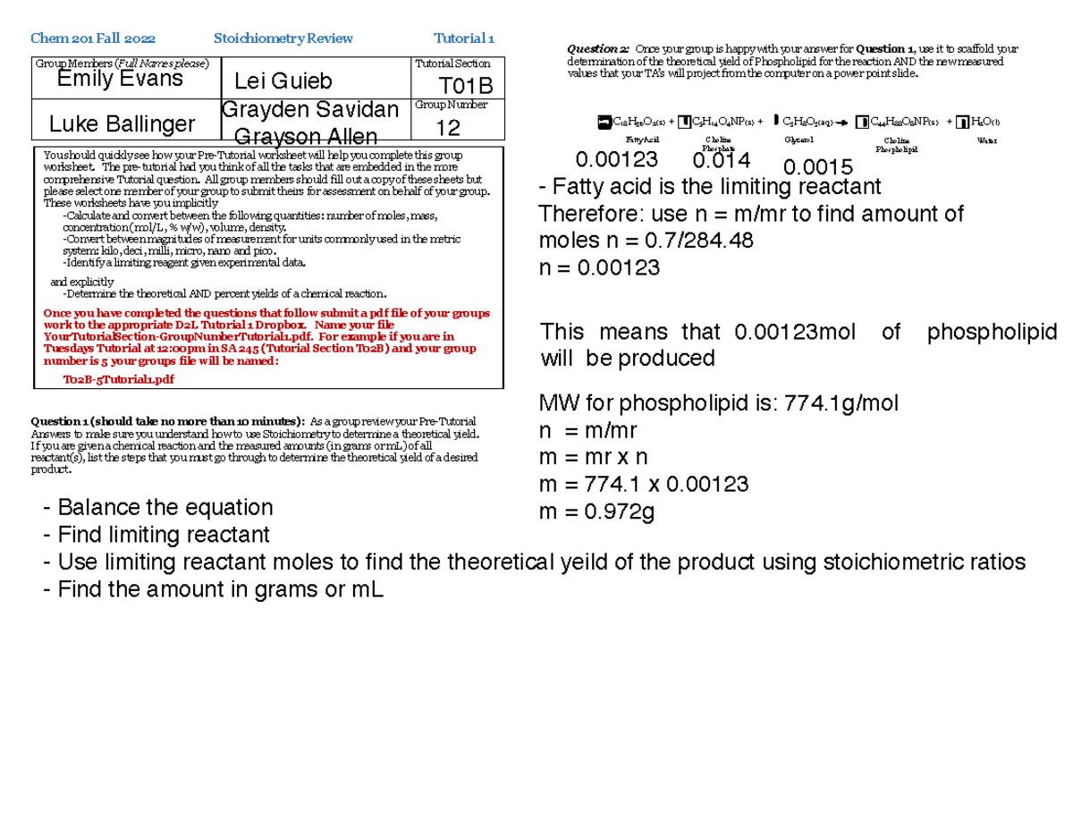T01B-12-Tutorial Chem201 - Chem 201 Fall 2022 Stoichiometry Review ...