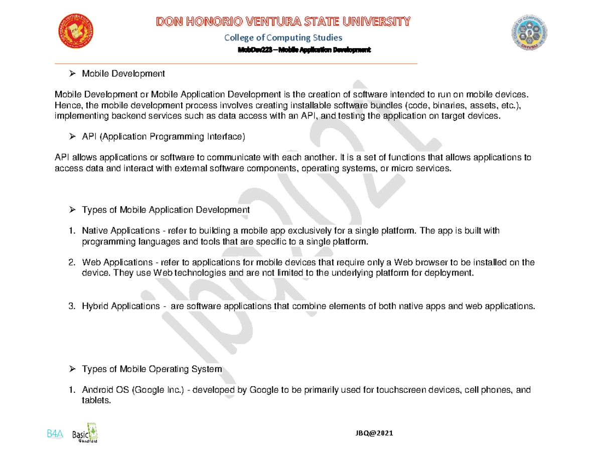 Lesson 1 Mobile-Development - JBQ@202 1 College of Computing Studies Mobile Development Mobile ...