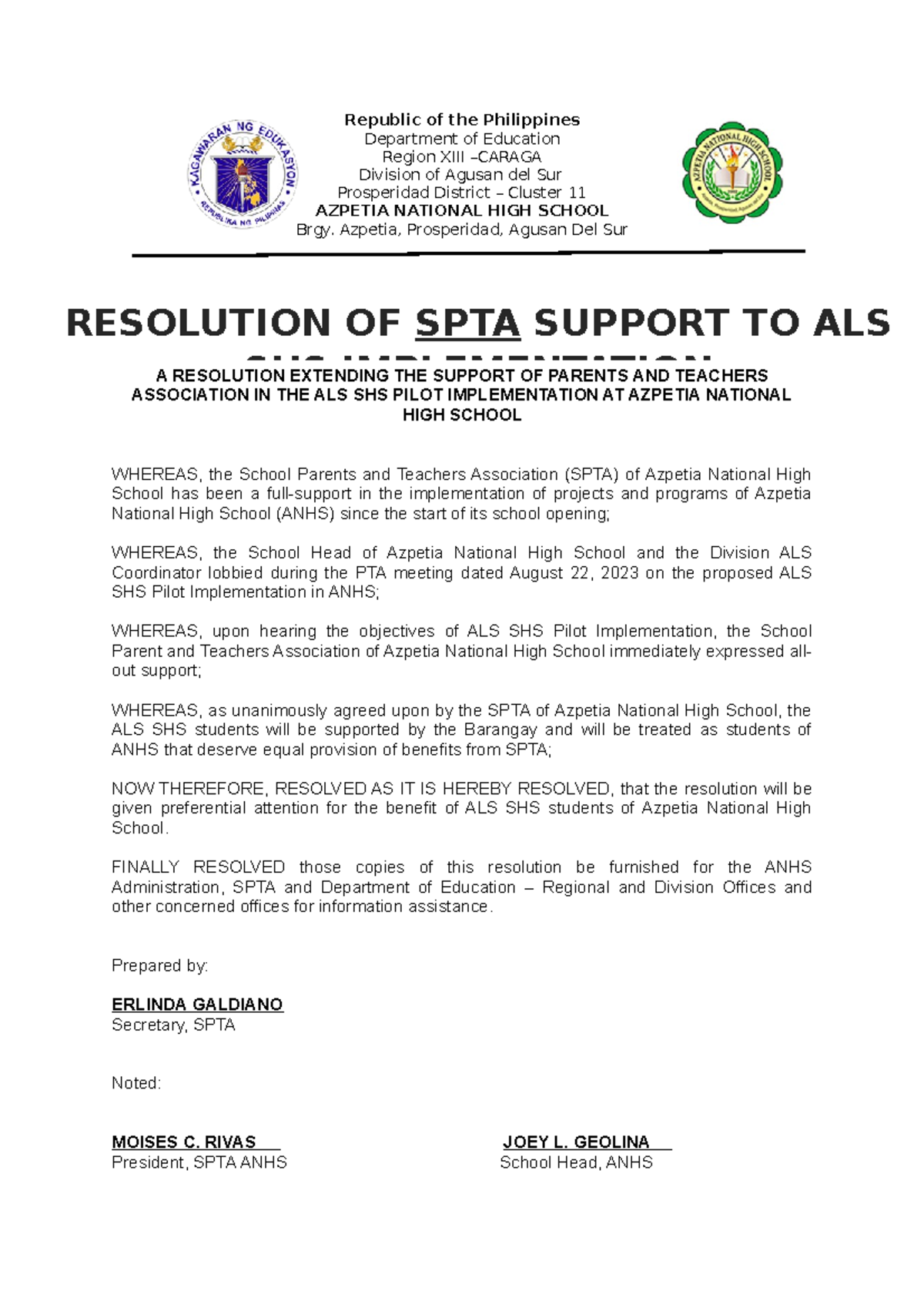 11.2 Resolution PTA - Reso PTA - Republic of the Philippines Department ...