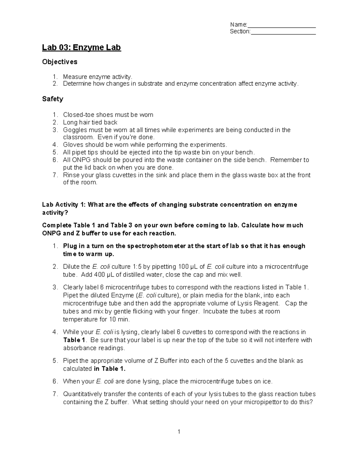 Enzyme Lab Protocoland Datasheet - Section:____________________ Lab 03: Enzyme Lab Objectives 1 ...