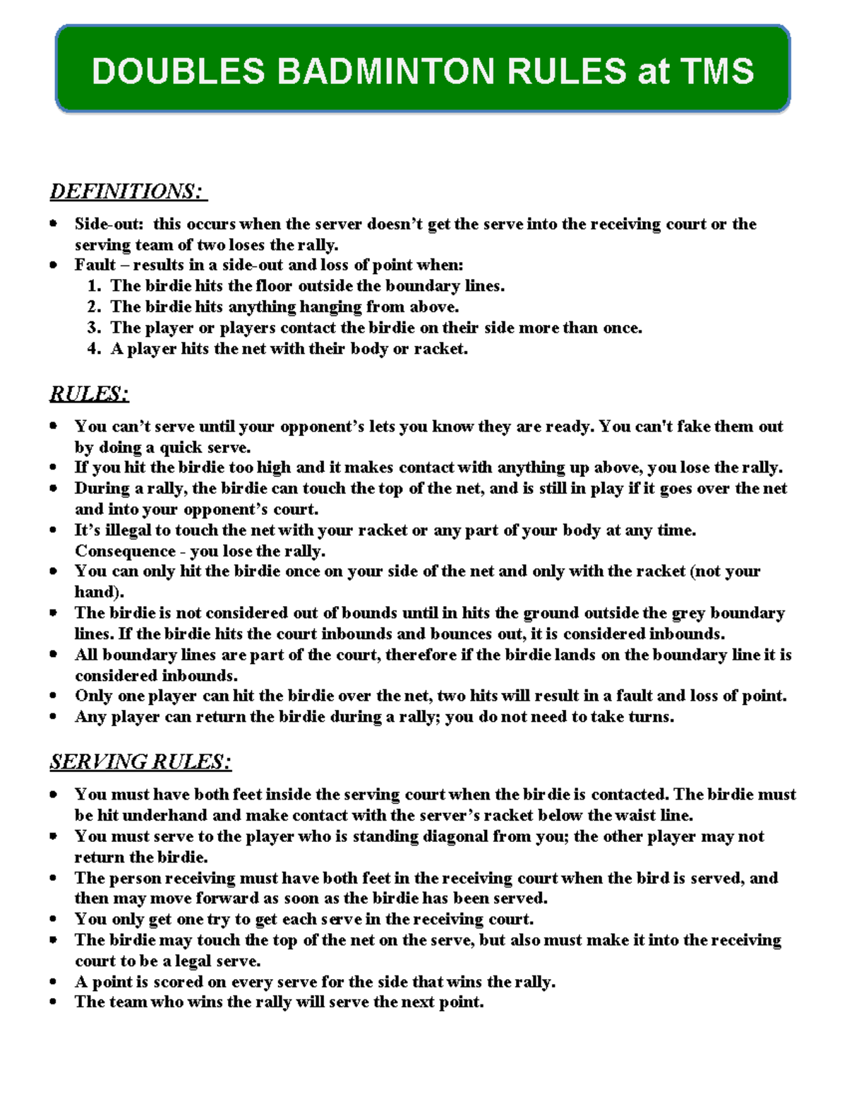 Doubles Badminton Rules - DOUBLES BADMINTON RULES at TMS DEFINITIONS ...
