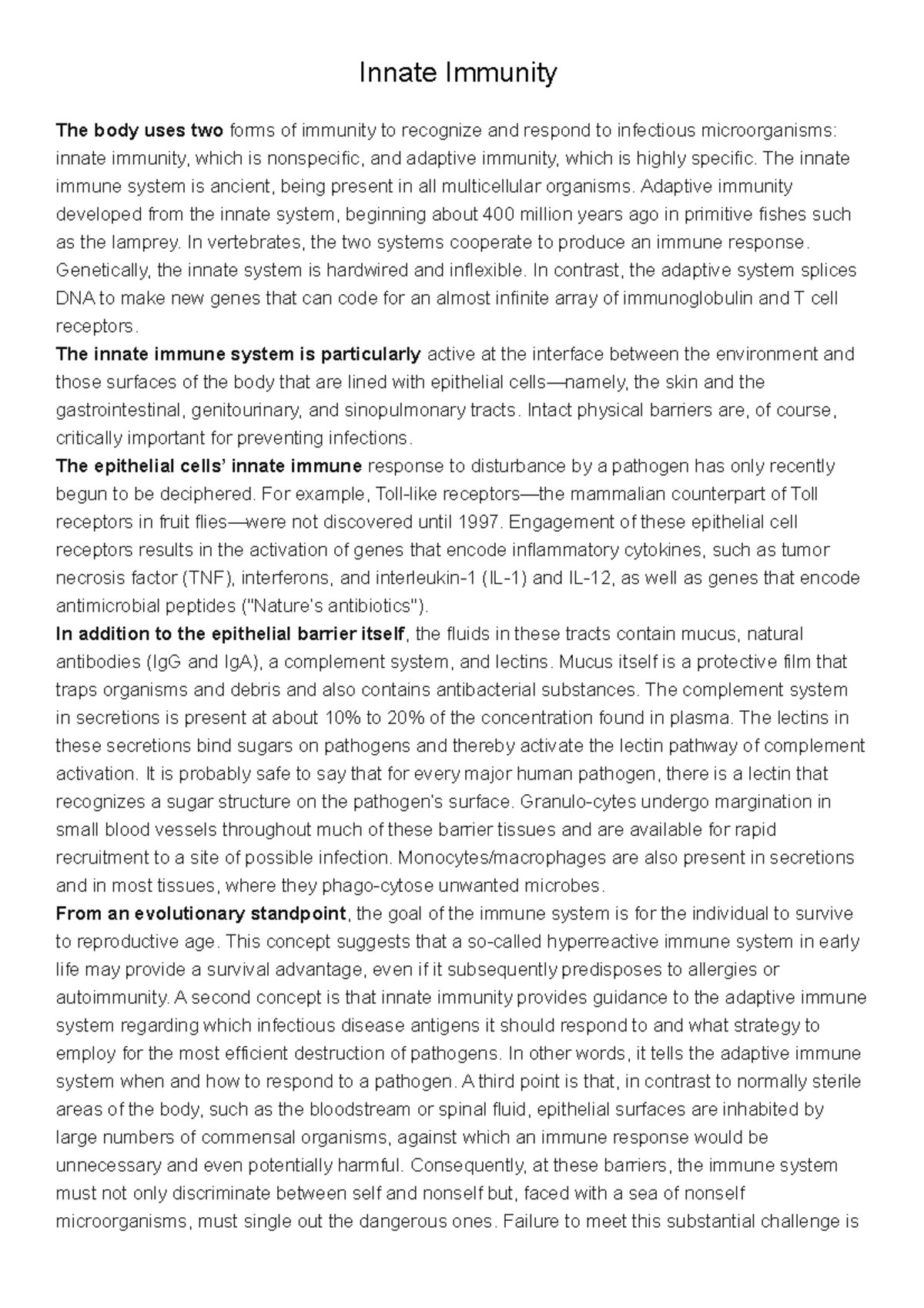 Innate Immunity - Summary Immunology - Innate Immunity The body uses ...