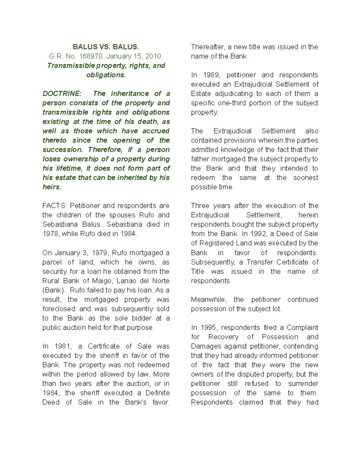 Balus VS. Balus, 2010 (transmissible property, rights, and obligations ...