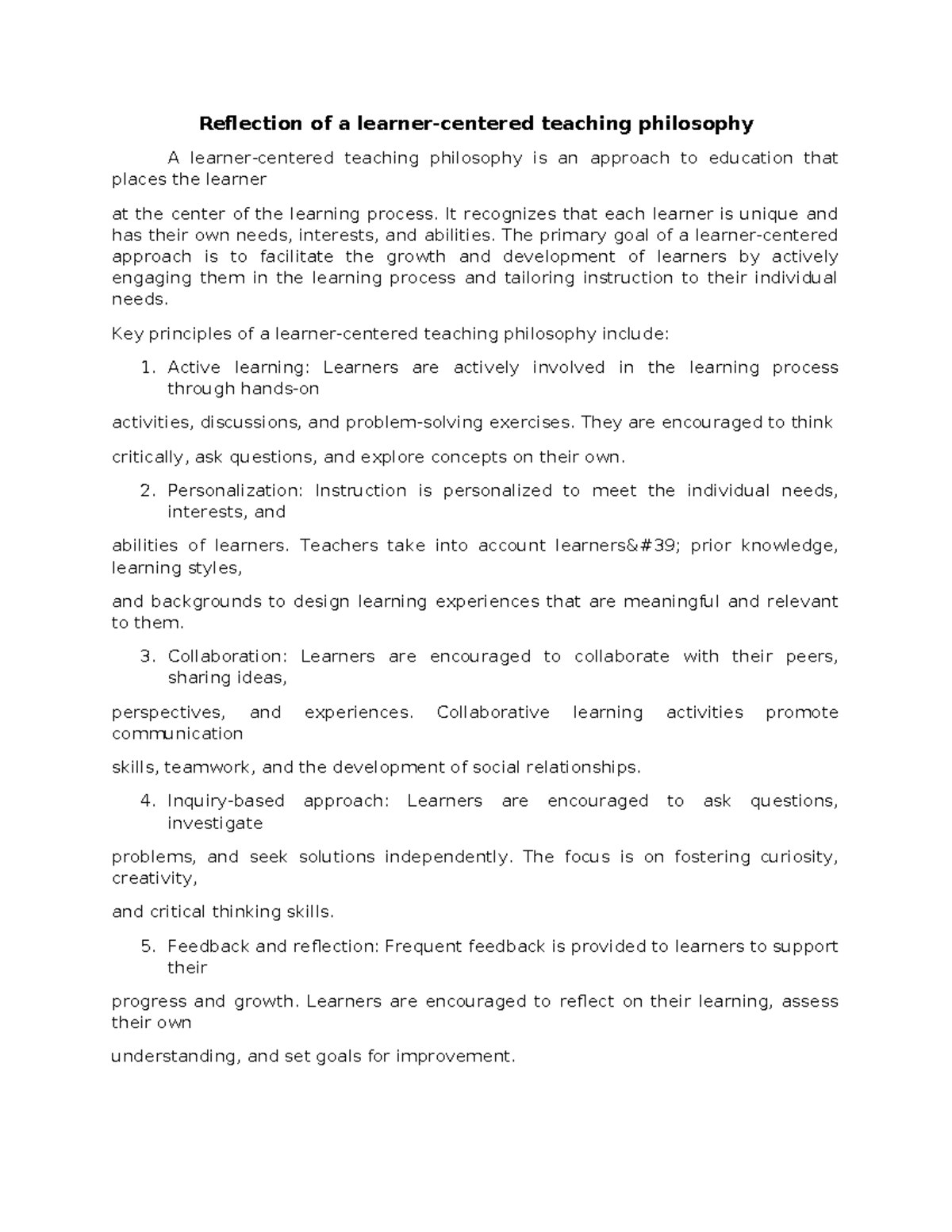 Reflection Journal Entry - Reflection of a learner-centered teaching ...