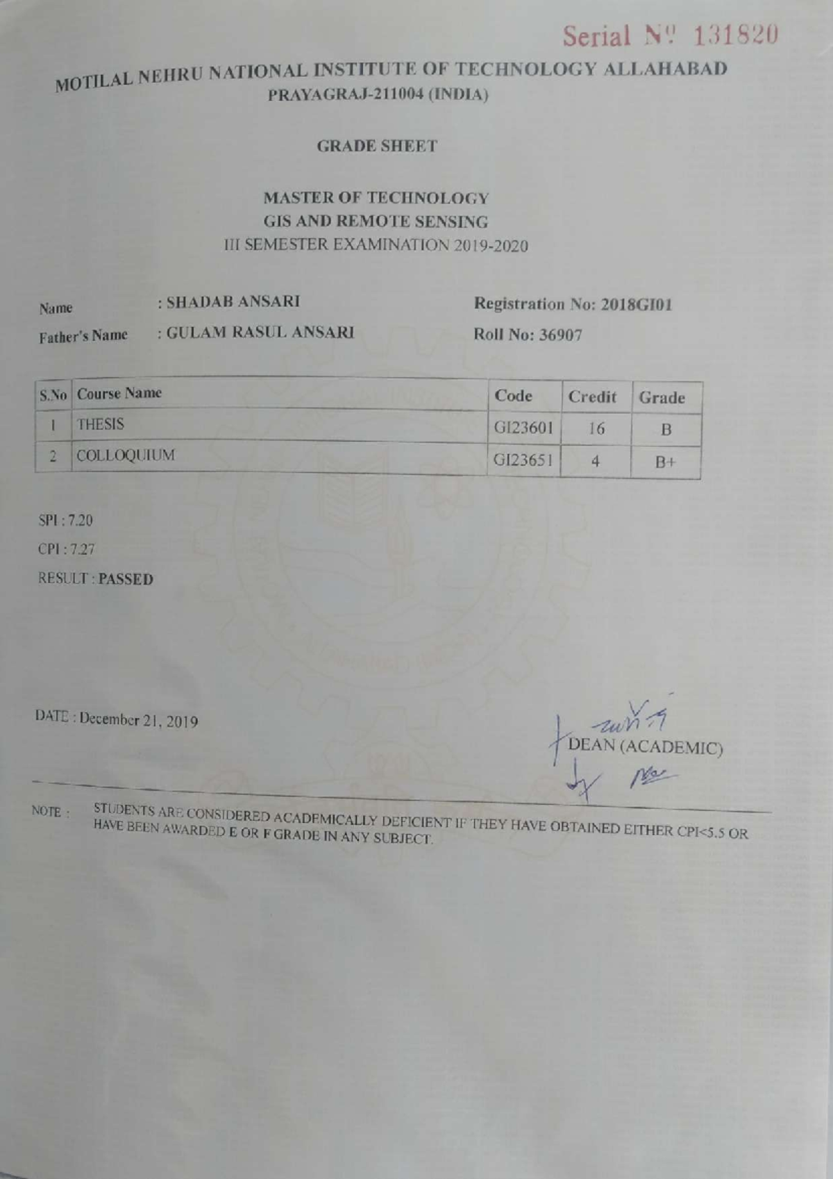 Mnnit Marksheet UPTO Third SEM - Natural Environment & Remote Sensing - Studocu