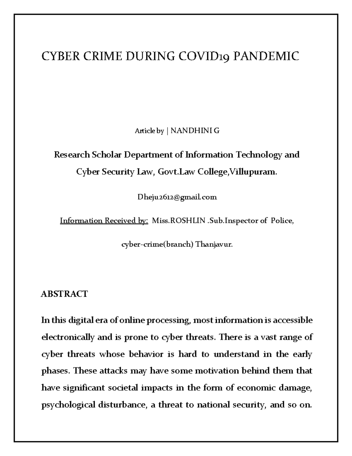 Cyber Crime During Covid 19 Pandemic(Nandhini) - CYBER CRIME DURING ...