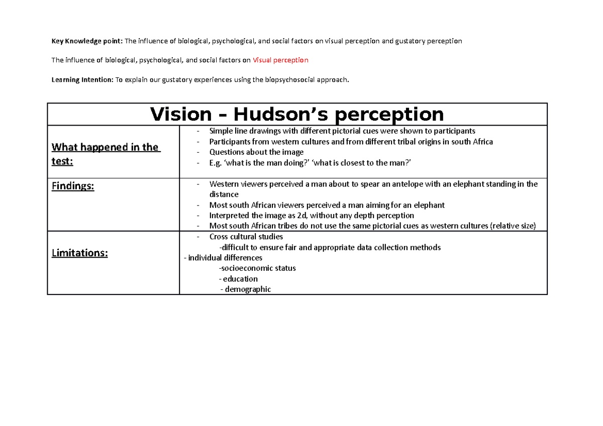 Hudson's perception test - Lesson 9 - Key Knowledge point: The ...