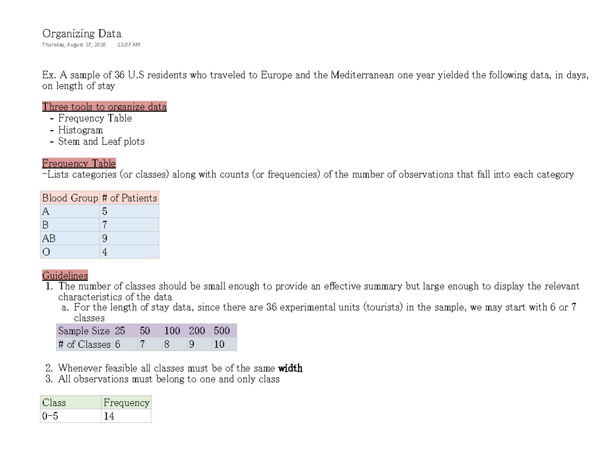 Organizing Data - Lectures notes on how to organize data for ...