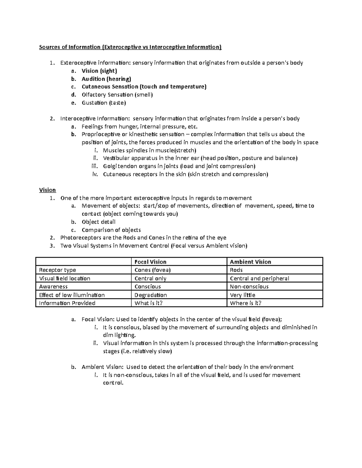 Outline 04 - Sensory Processing and Vision - Sources of Information ...