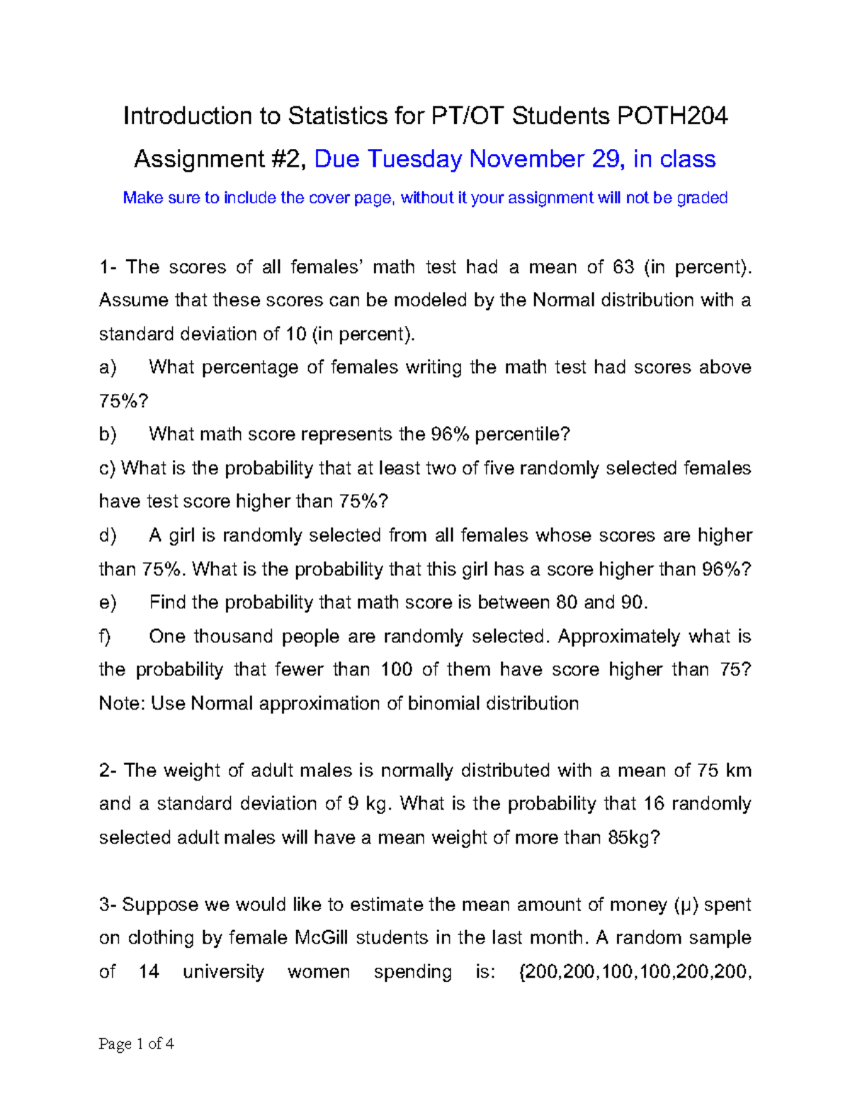 Assignment 2 Fall2022 - Good practice. - Introduction to Statistics for PT/OT Students POTH ...