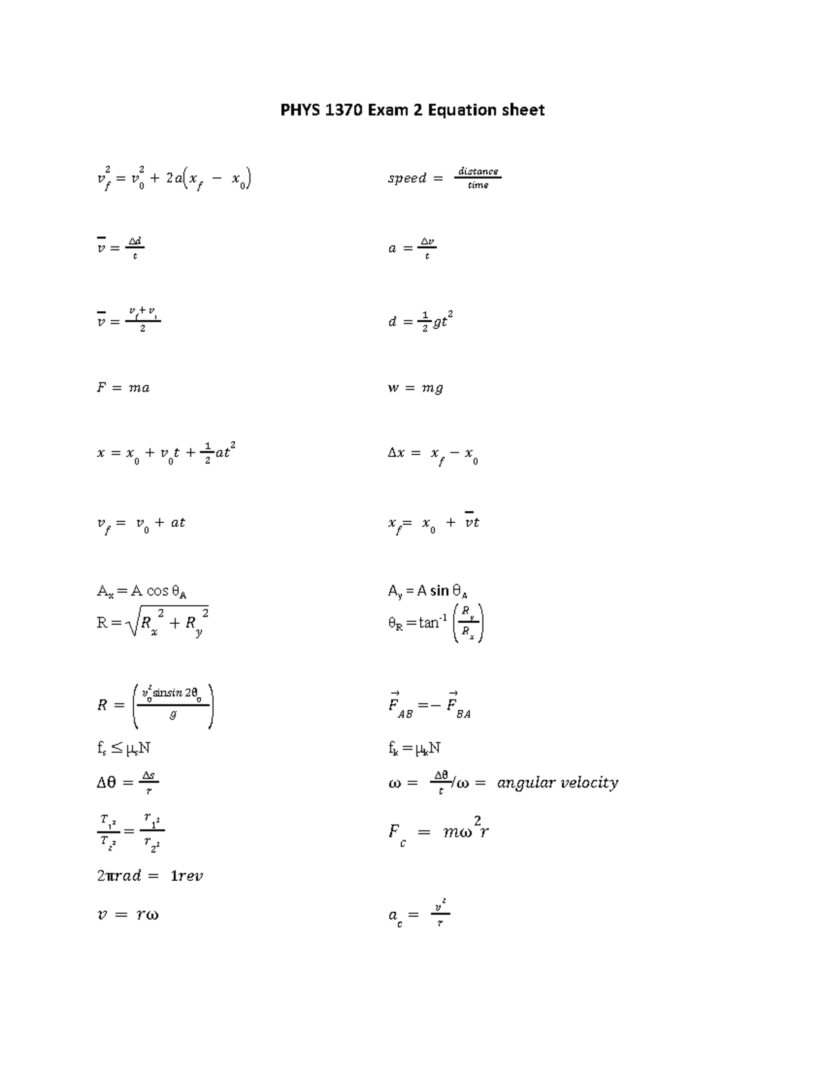 Exam 2 Equation sheet - PHYS 1370 Exam 2 Equation sheet 𝑣 𝑓 2 = 𝑣 0 2 ...